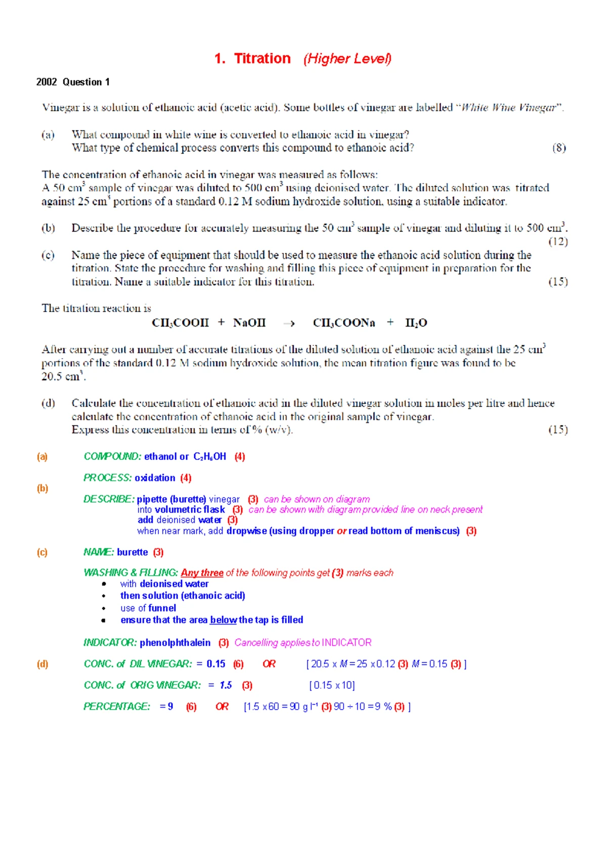 Titration questions and answers - 1. Titration (Higher Level) 2002 Question 1 (a) COMPOUND ...