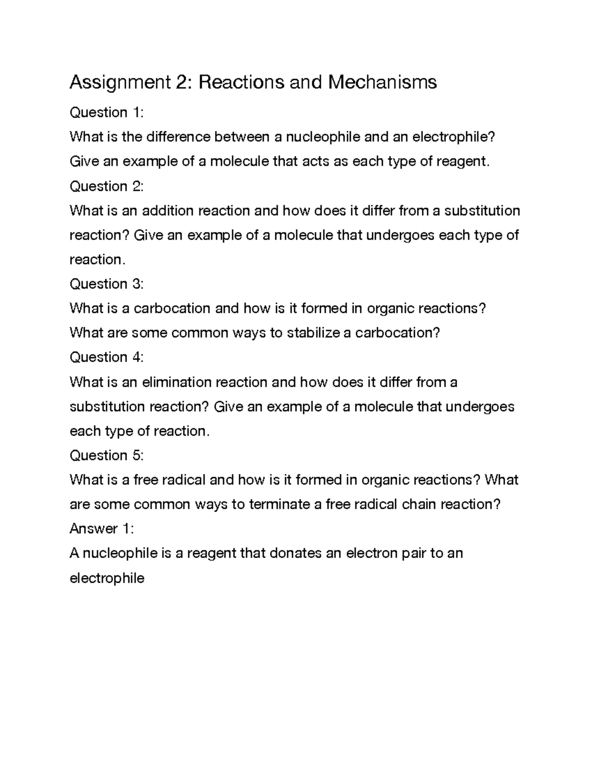 CHEM345 - Organic Chemistry HW2 - Assignment 2: Reactions and ...