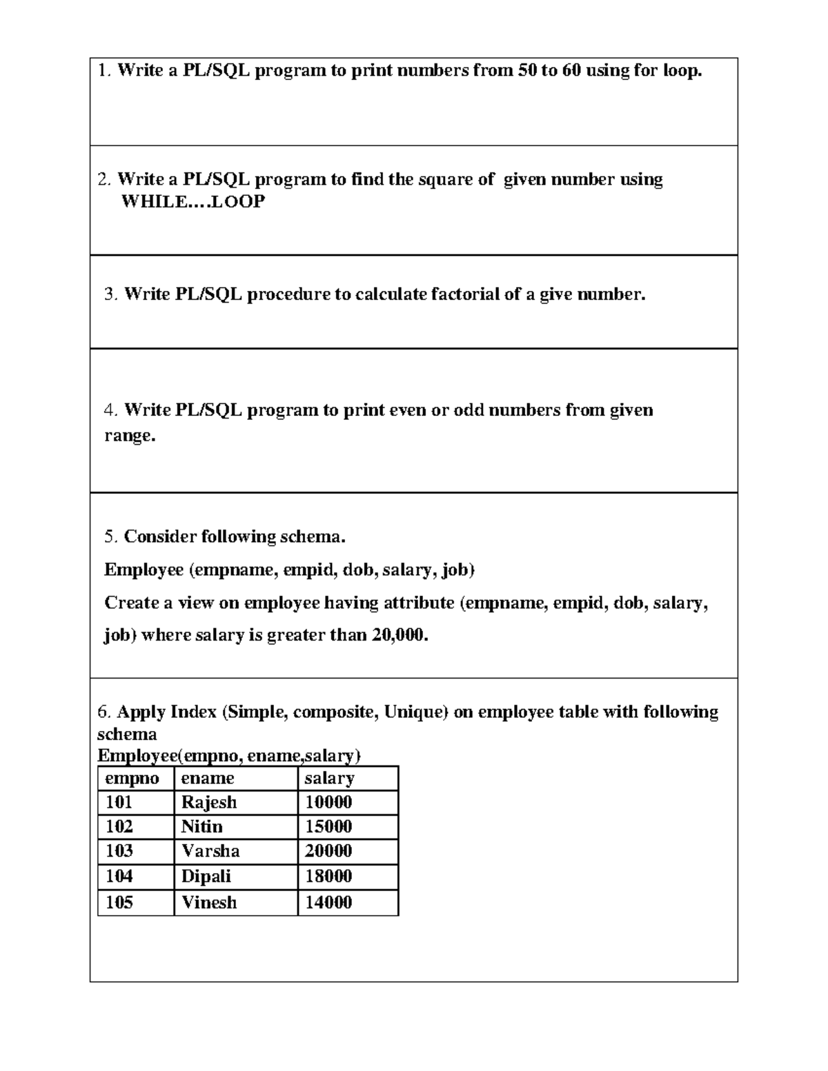 DMS Practical question list - Write a PL/SQL program to print numbers ...