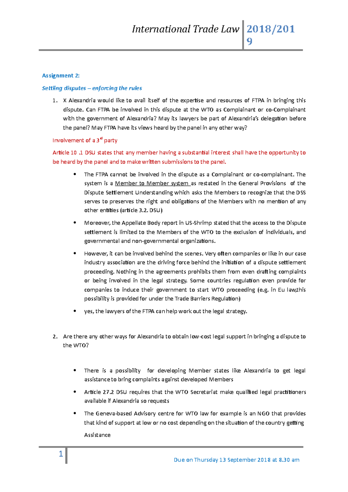 Assignment 2 - Dispute settlement - International Trade Law 2018/201 9 ...