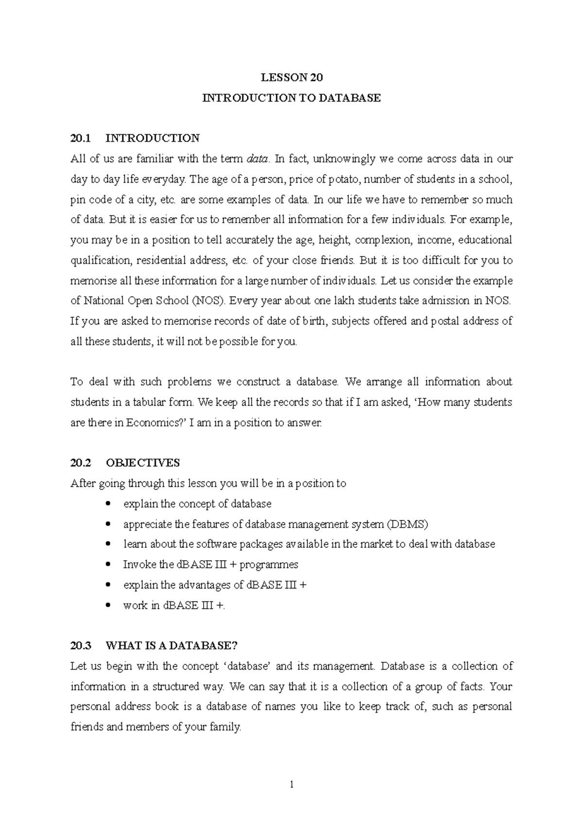 Dbase 1 - readiness for coc exam - LESSON 20 INTRODUCTION TO DATABASE ...