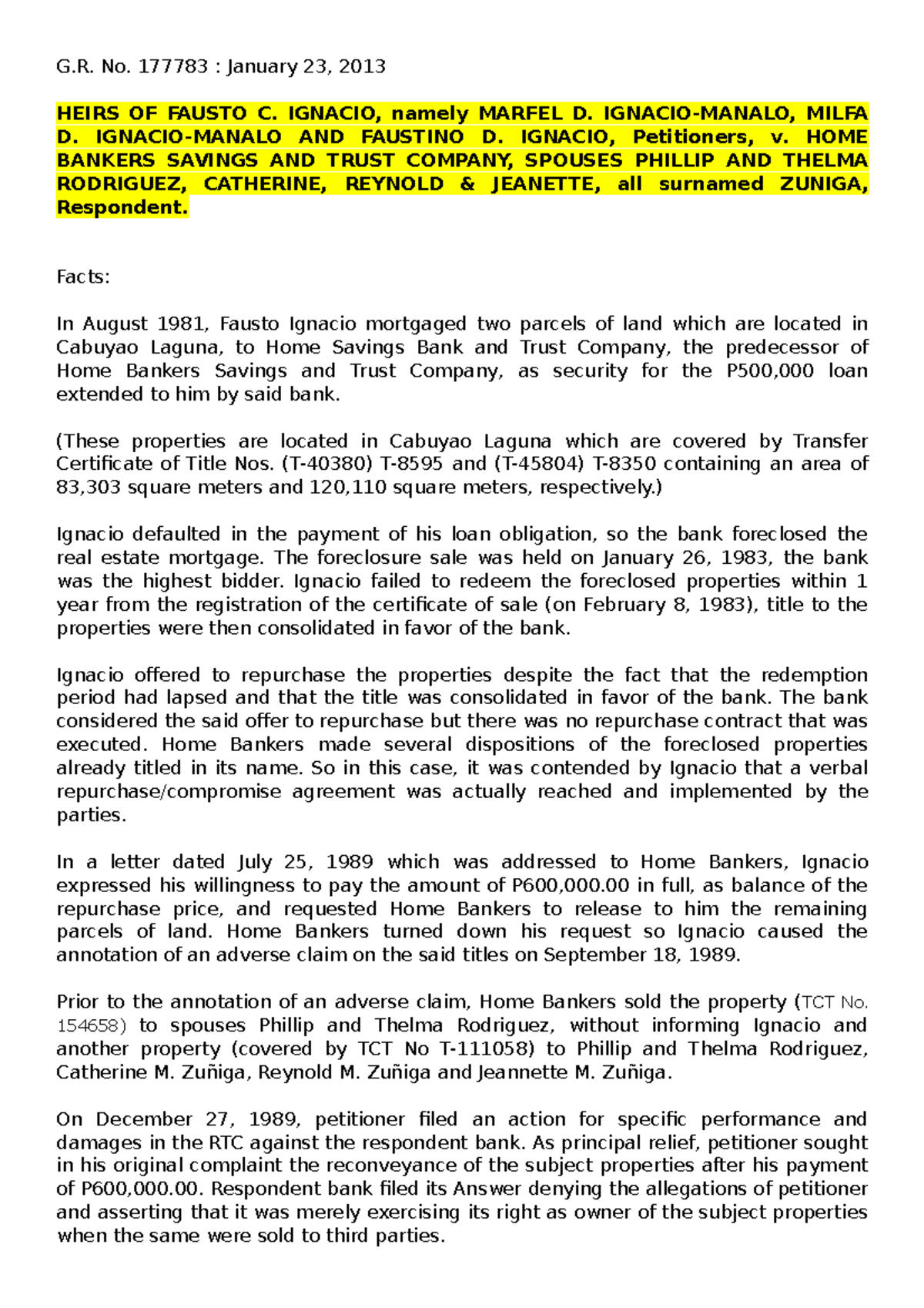 Sales perfection stage cases - G. No. 177783 : January 23, 2013 HEIRS ...