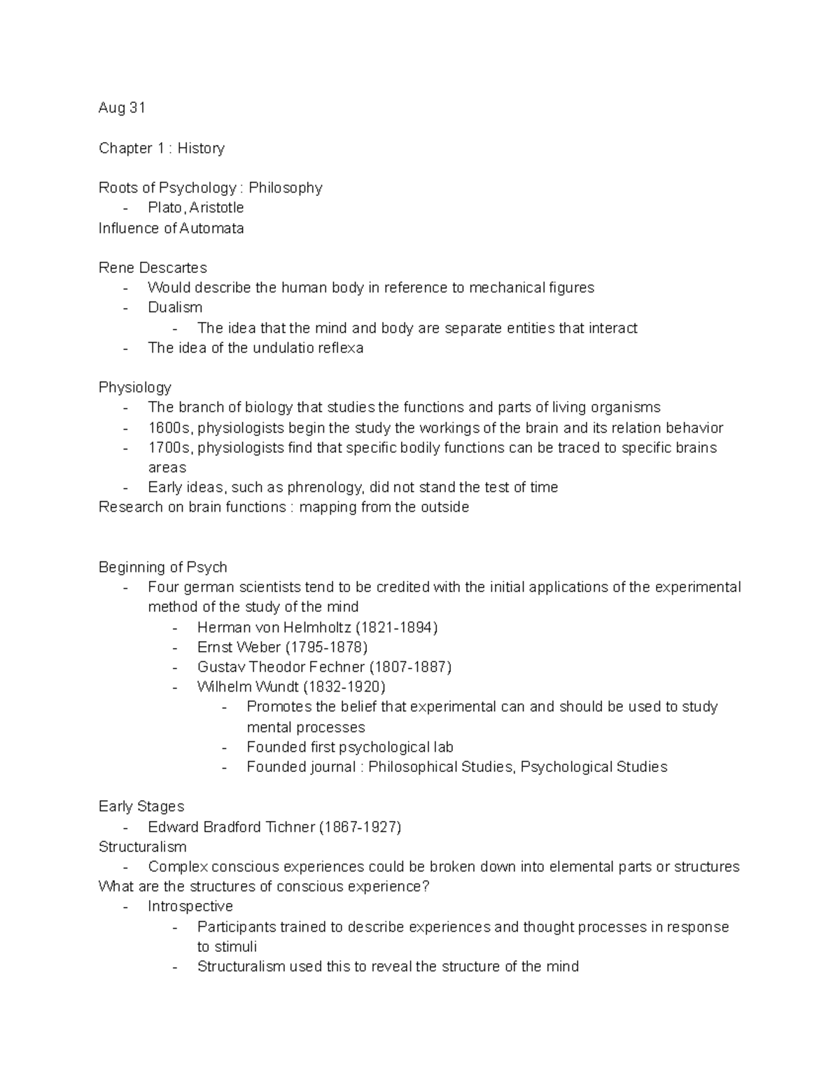 Psy 100 History - Lecture notes from Benjamin Guenther - Aug 31 Chapter ...