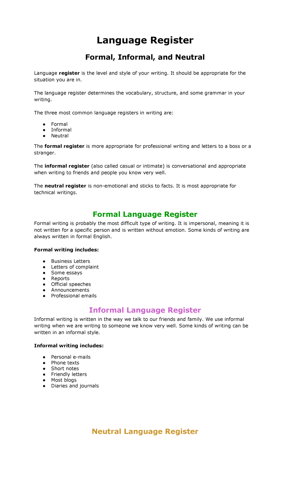 PCM Group Activity - pcm lesson - Language Register Formal, Informal, and Neutral Language ...
