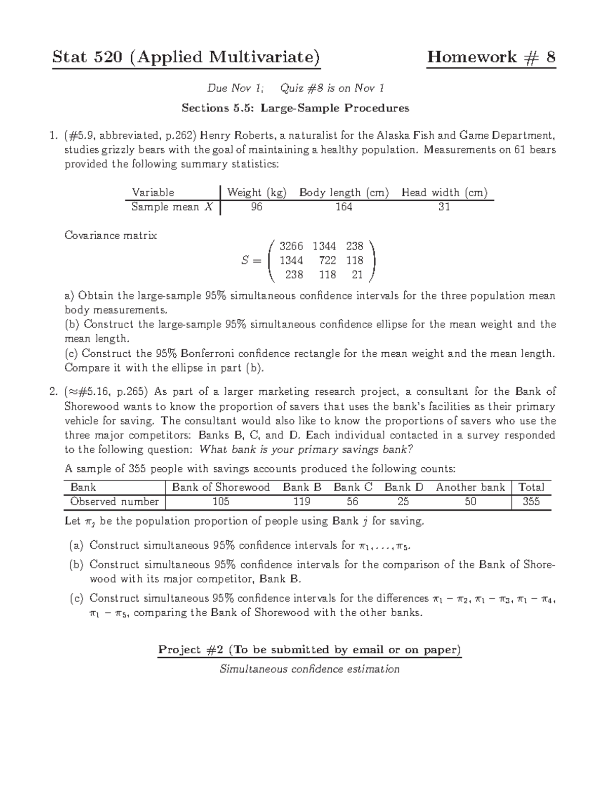 Homework 8 - Large-sample Procedures - Stat 520 (Applied Multivariate) Homework # 8 Due Nov 1 ...