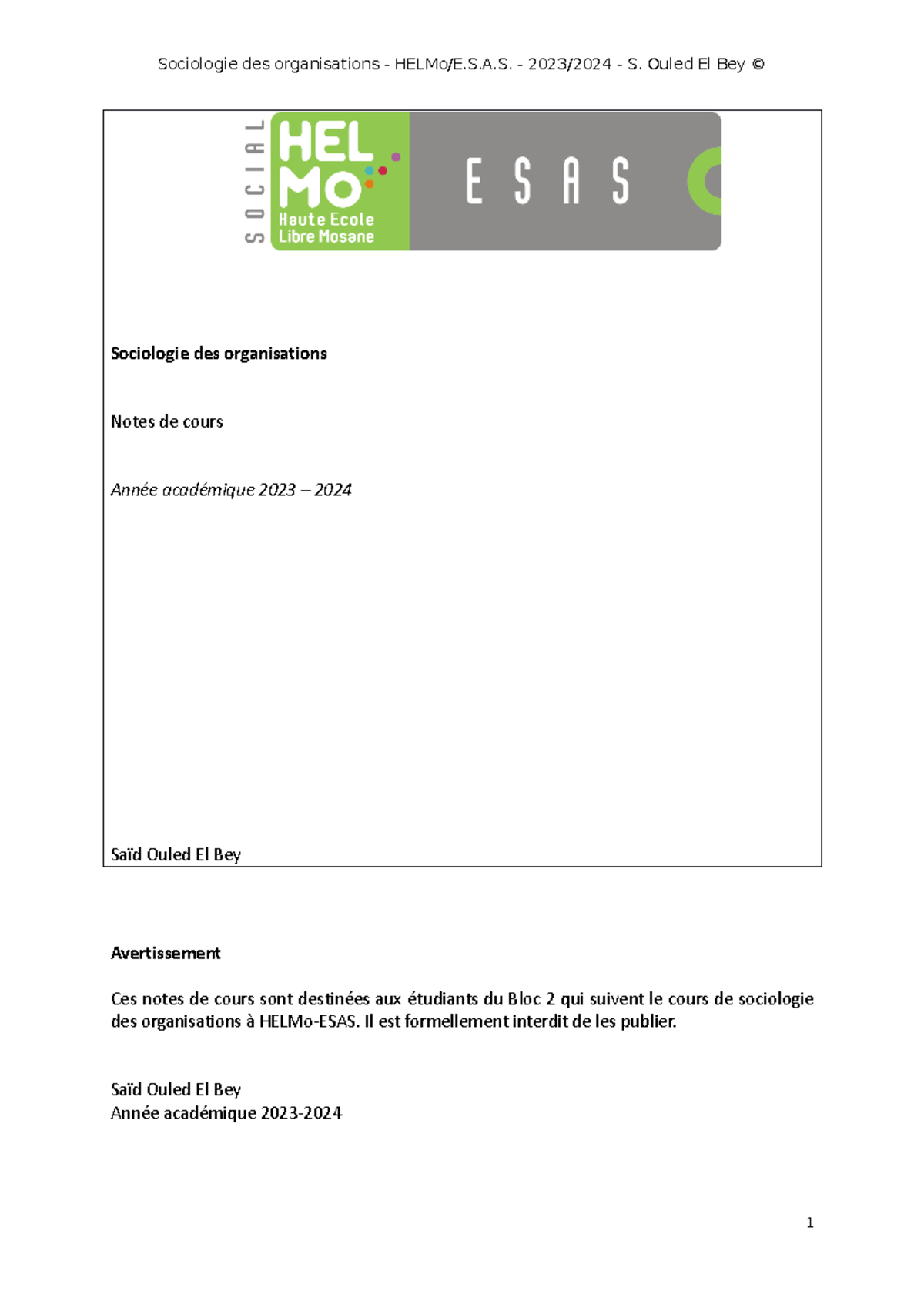 Sociologie des organisations - HELMo-ESAS - B2 - année académique 23-24 ...