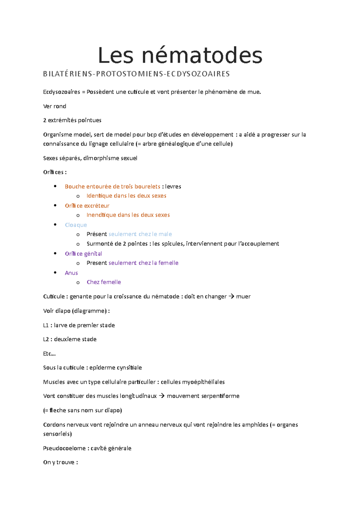 Les nématodes - Les nématodes BILATÉRIENS-PROTOSTOMIENS-ECDYSOZOAIRES ...