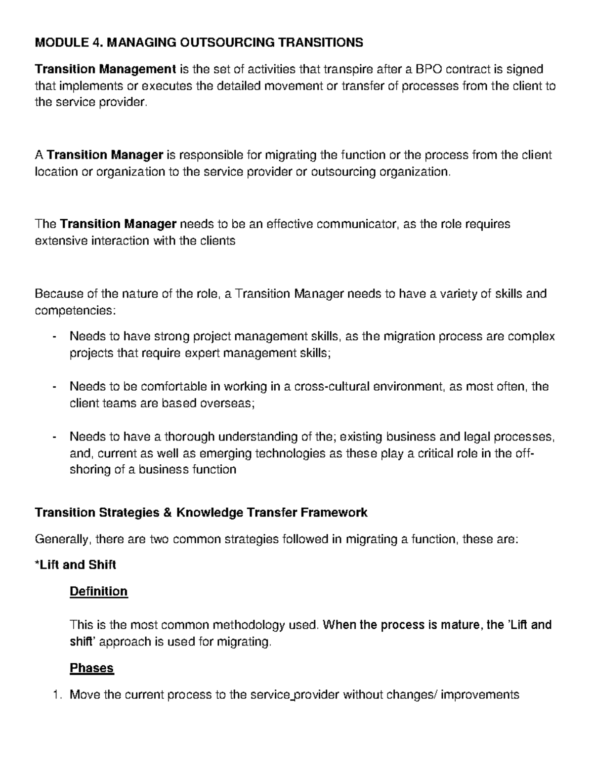 Managing Outsourcing Transitions - MODULE 4. MANAGING OUTSOURCING ...