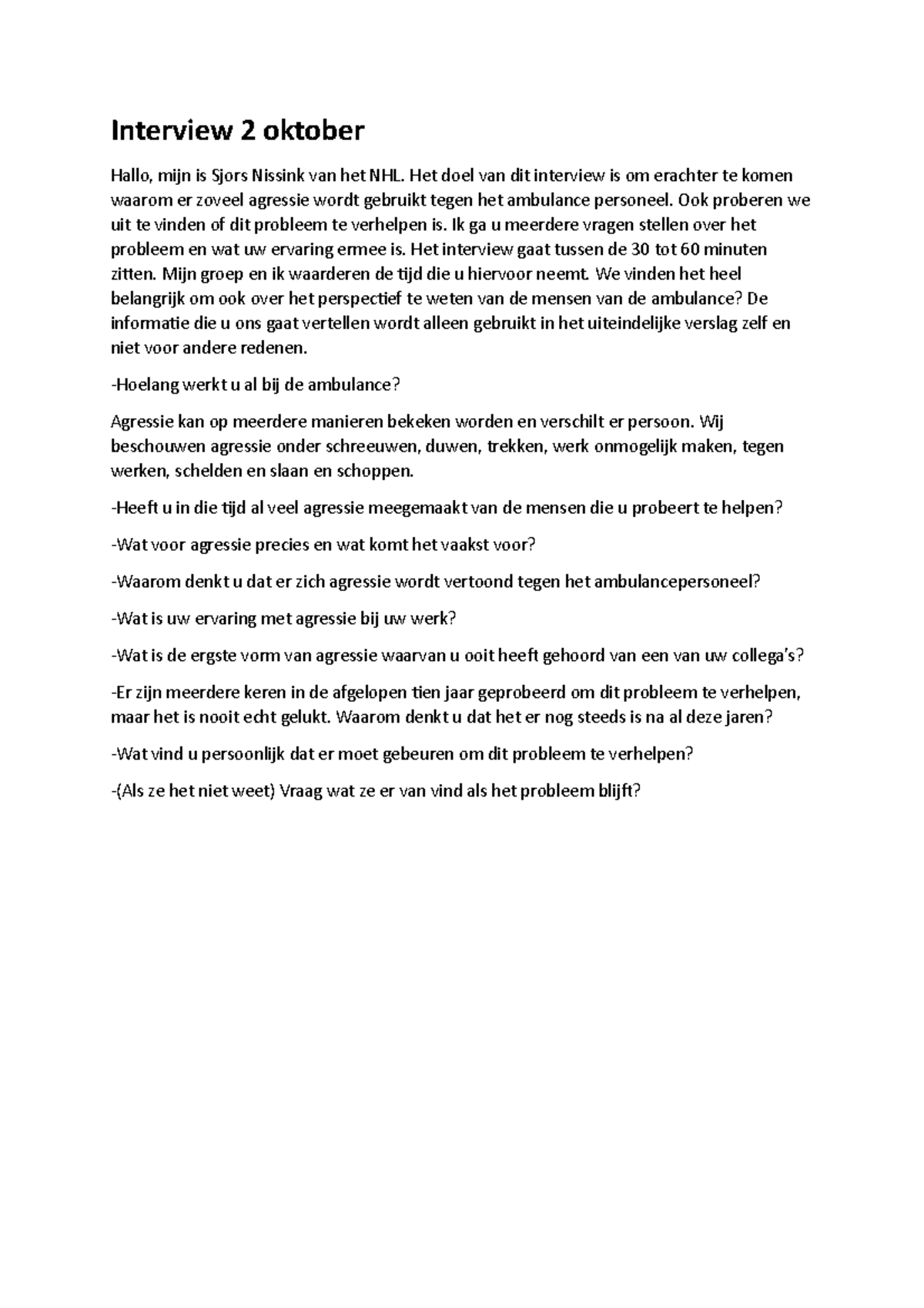 Intervieuw Ambulance - Voorbeeld interview - Interview 2 oktober Hallo ...