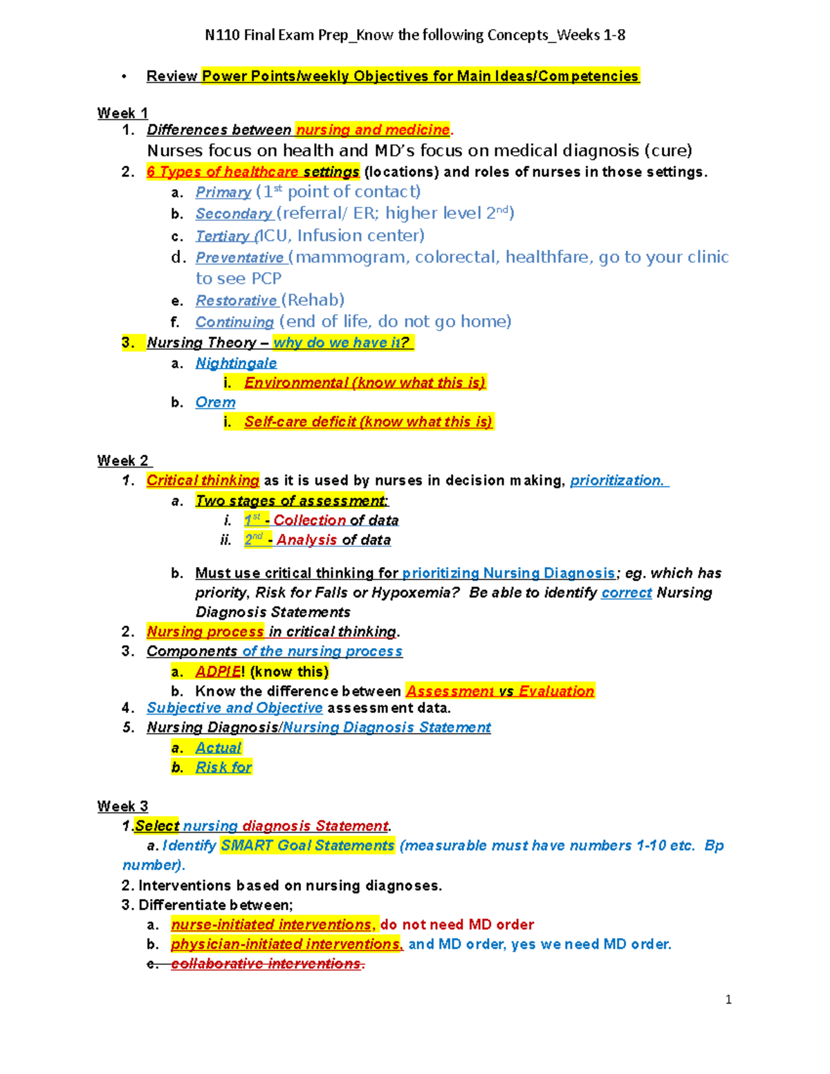 Week 9 Final Review in Class Weeks 1-8 Concepts - Review Power Points ...