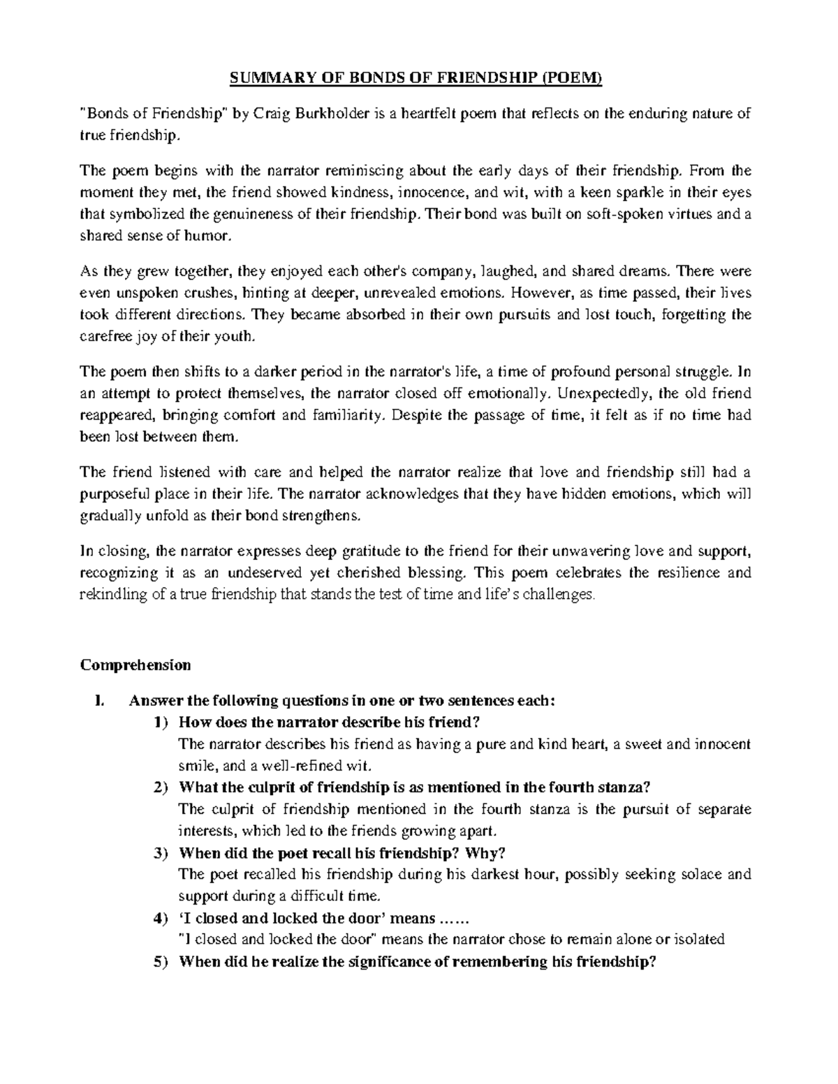 Summary OF Bonds OF Friendship - SUMMARY OF BONDS OF FRIENDSHIP (POEM ...