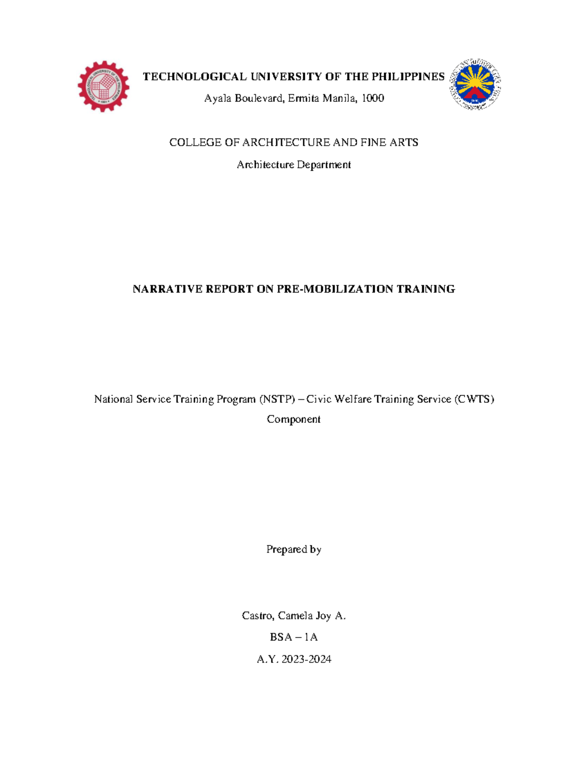 Narrative Report - TECHNOLOGICAL UNIVERSITY OF THE PHILIPPINES Ayala ...