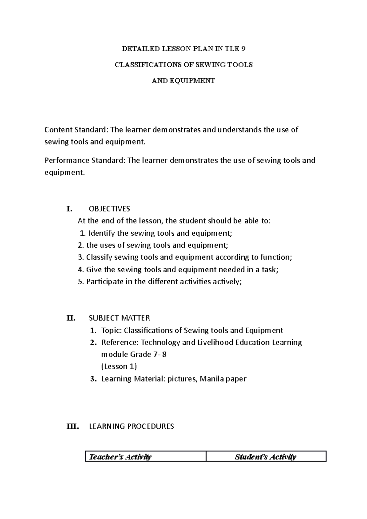 Detailed Lesson PLAN IN TLE 9 Frontpage Sewing Blablah DETAILED 