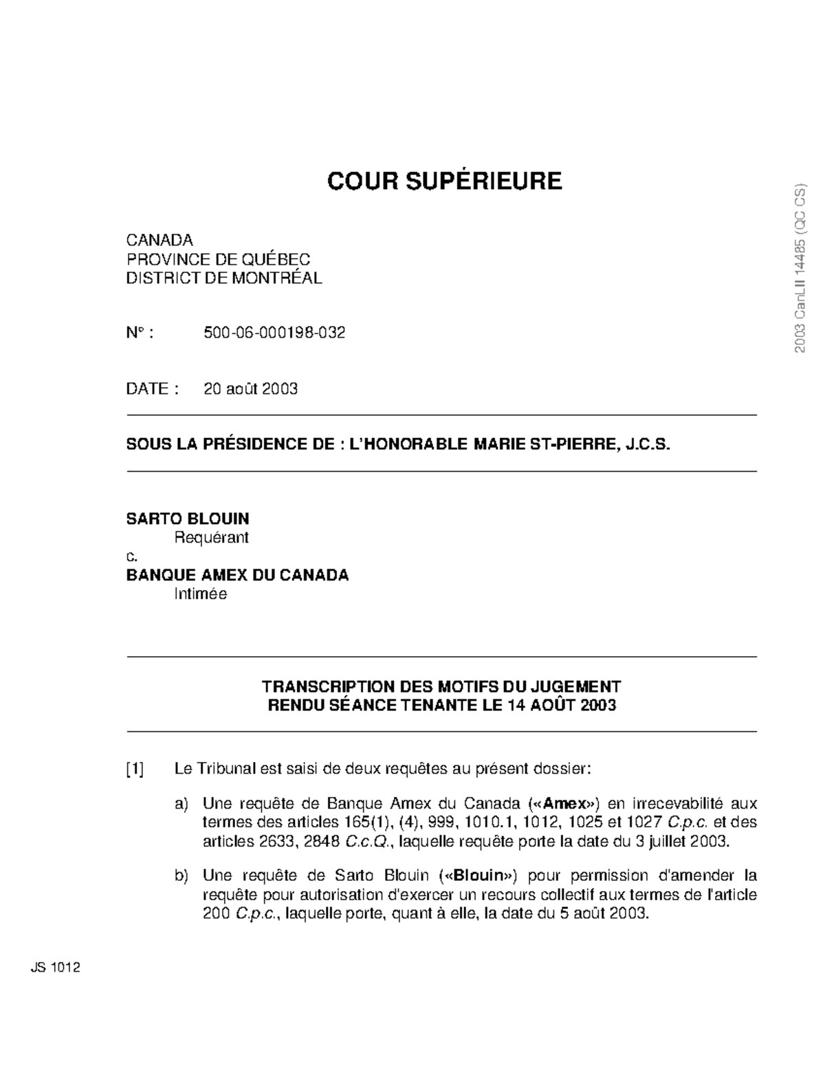 2003 canlii 14485 - décision - COUR SUPÉRIEURE CANADA PROVINCE DE ...