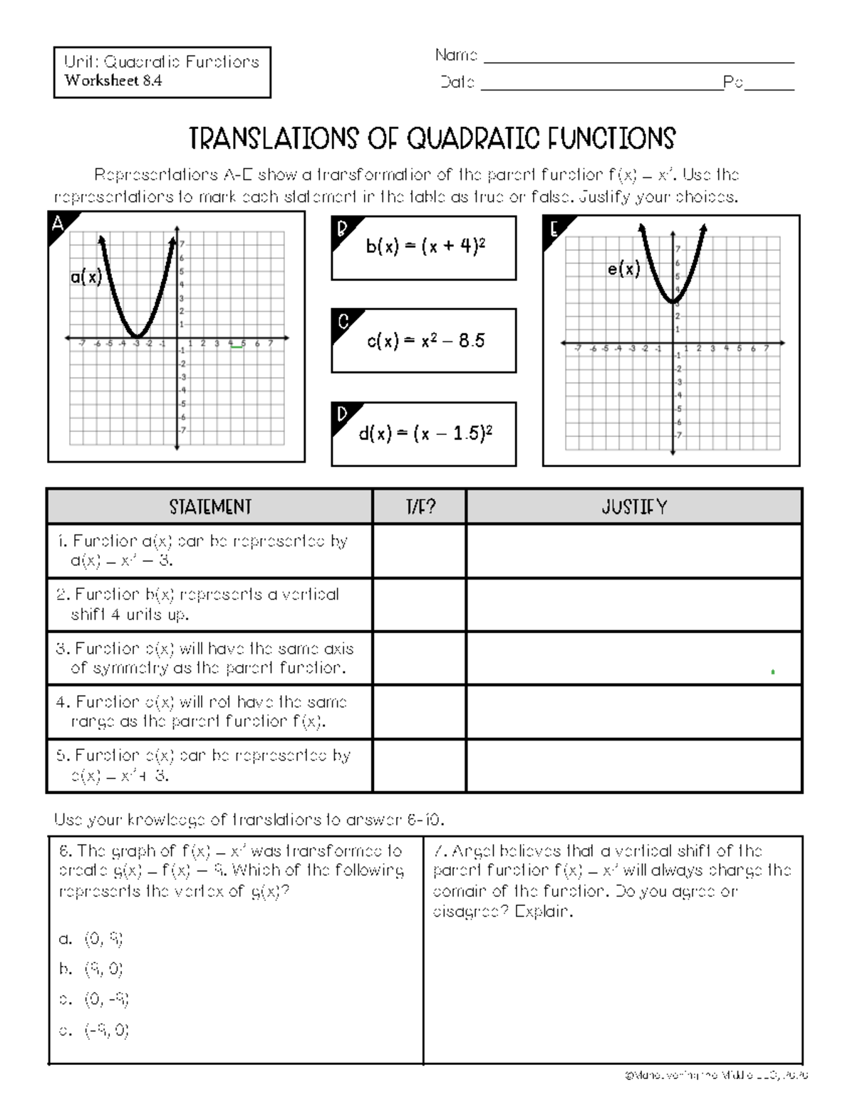 EAAAAAAAKDKDKEKEK - Unit: Quadratic Functions Worksheet 8. TRANSLATIONS ...