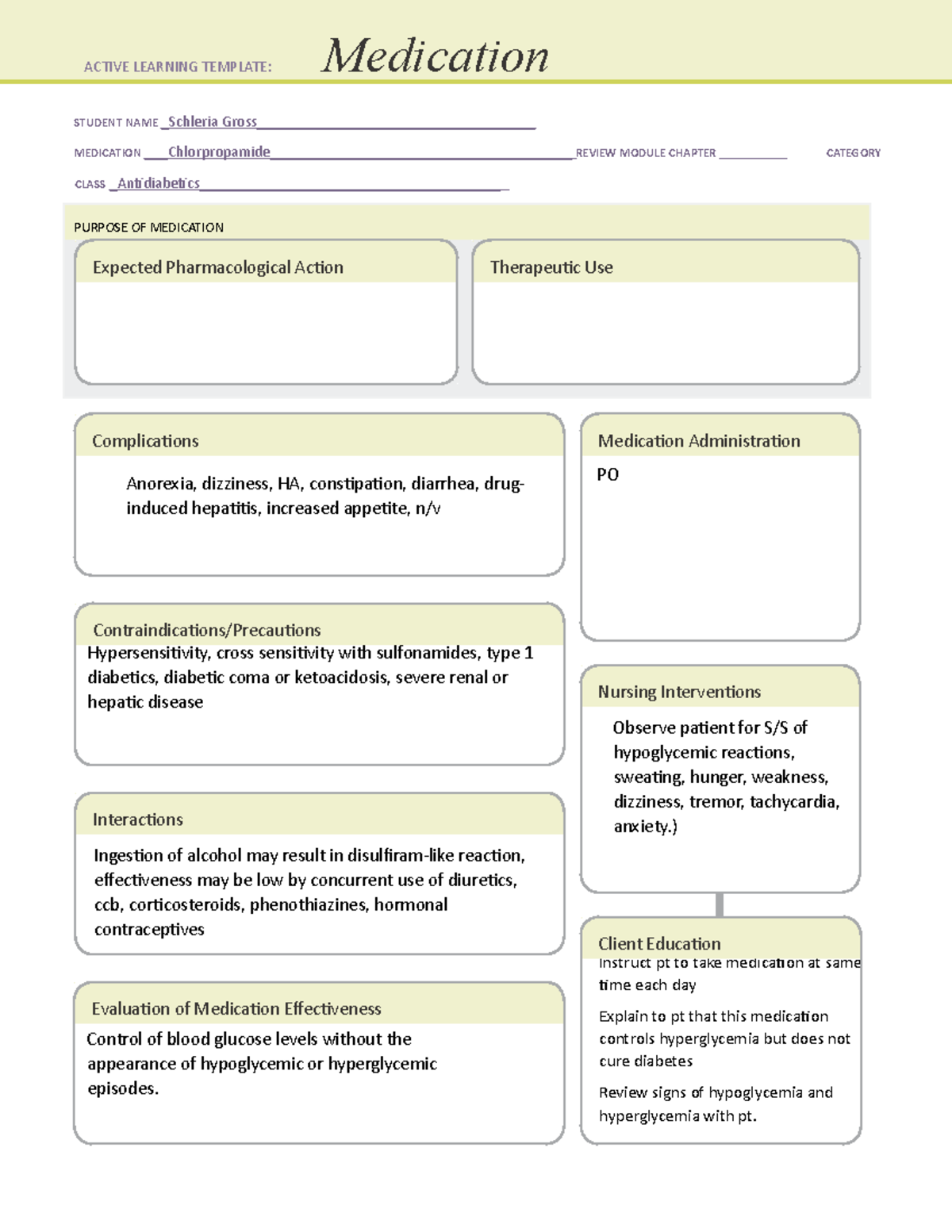 Chlorpropamide Medication Template - STUDENT NAME Schleria Gross