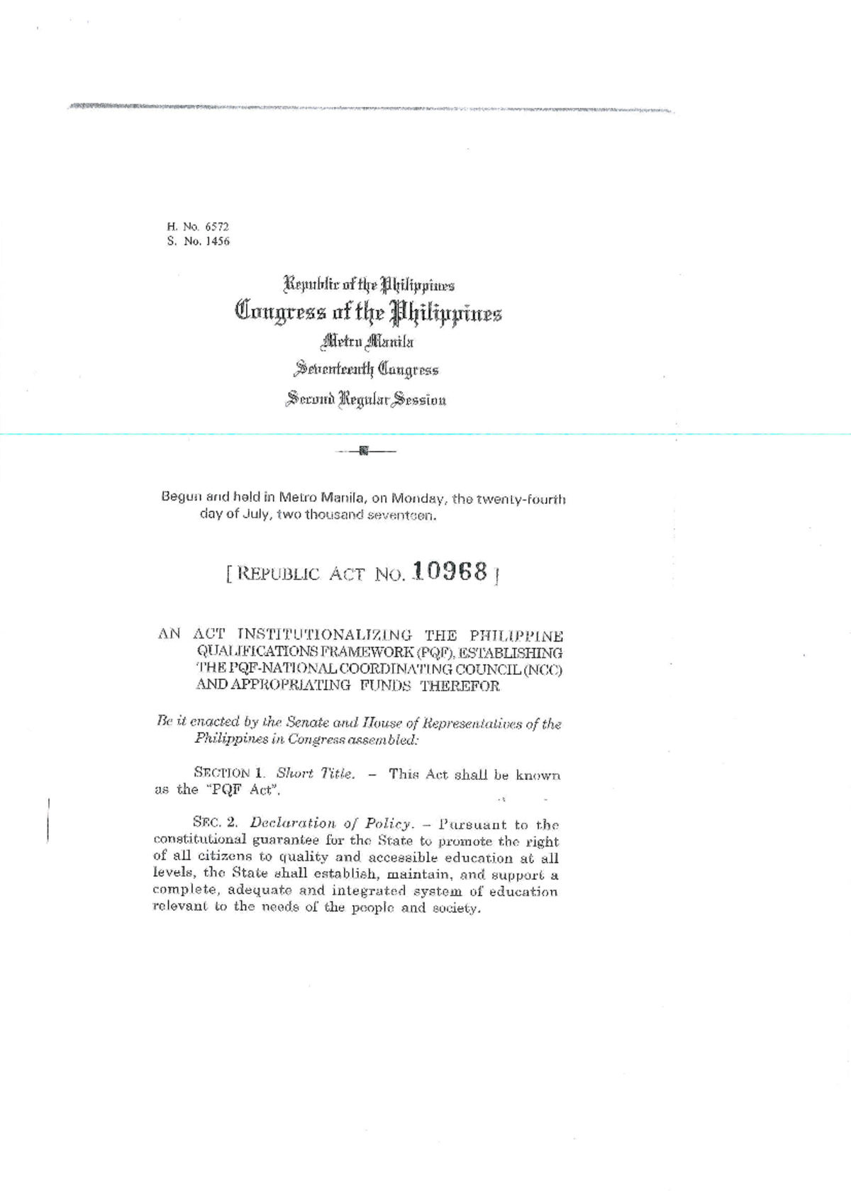 RA 10968 - law - H. No. 6572 S. No. 1456 Republic of the Philippines ...