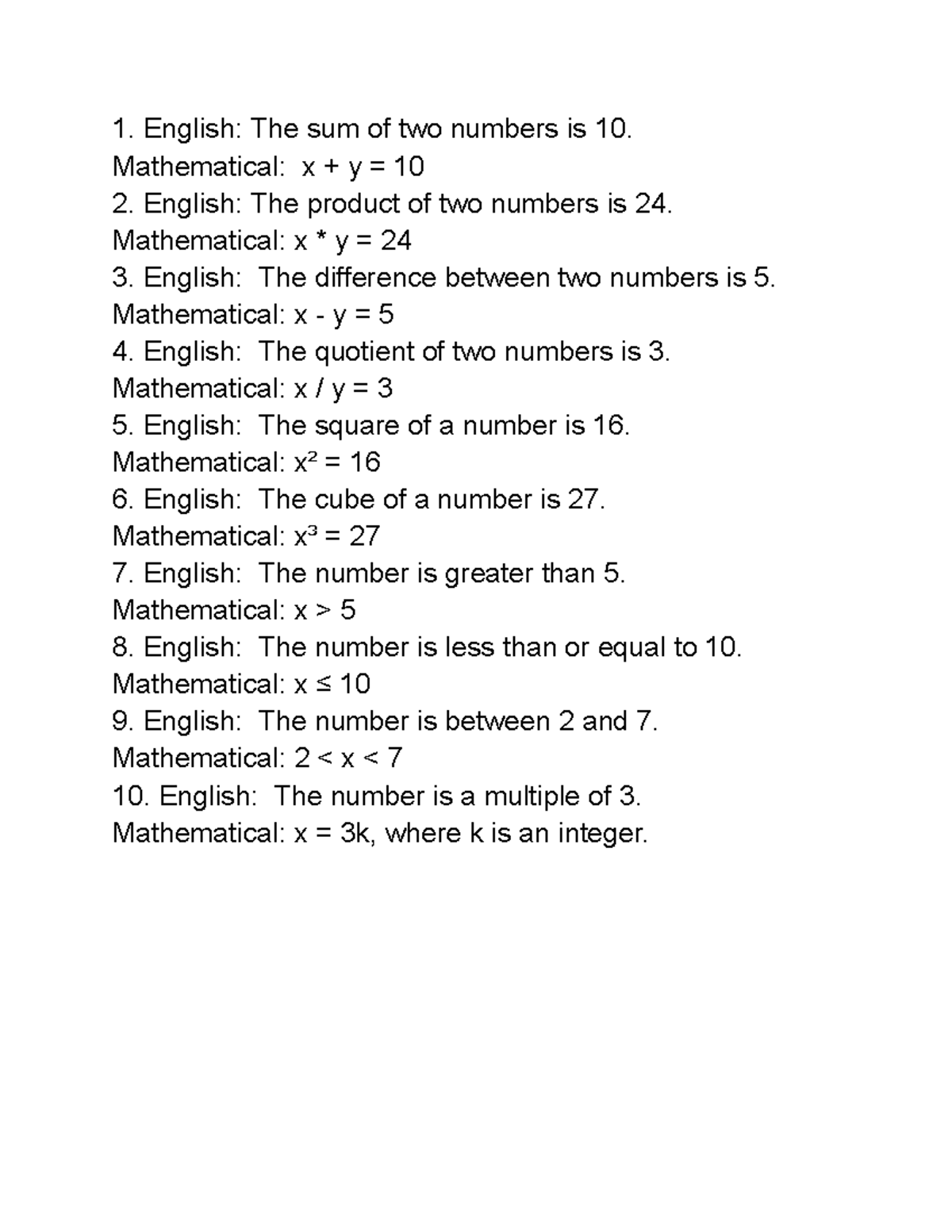English Language to Mathematical Language - English: The sum of two ...