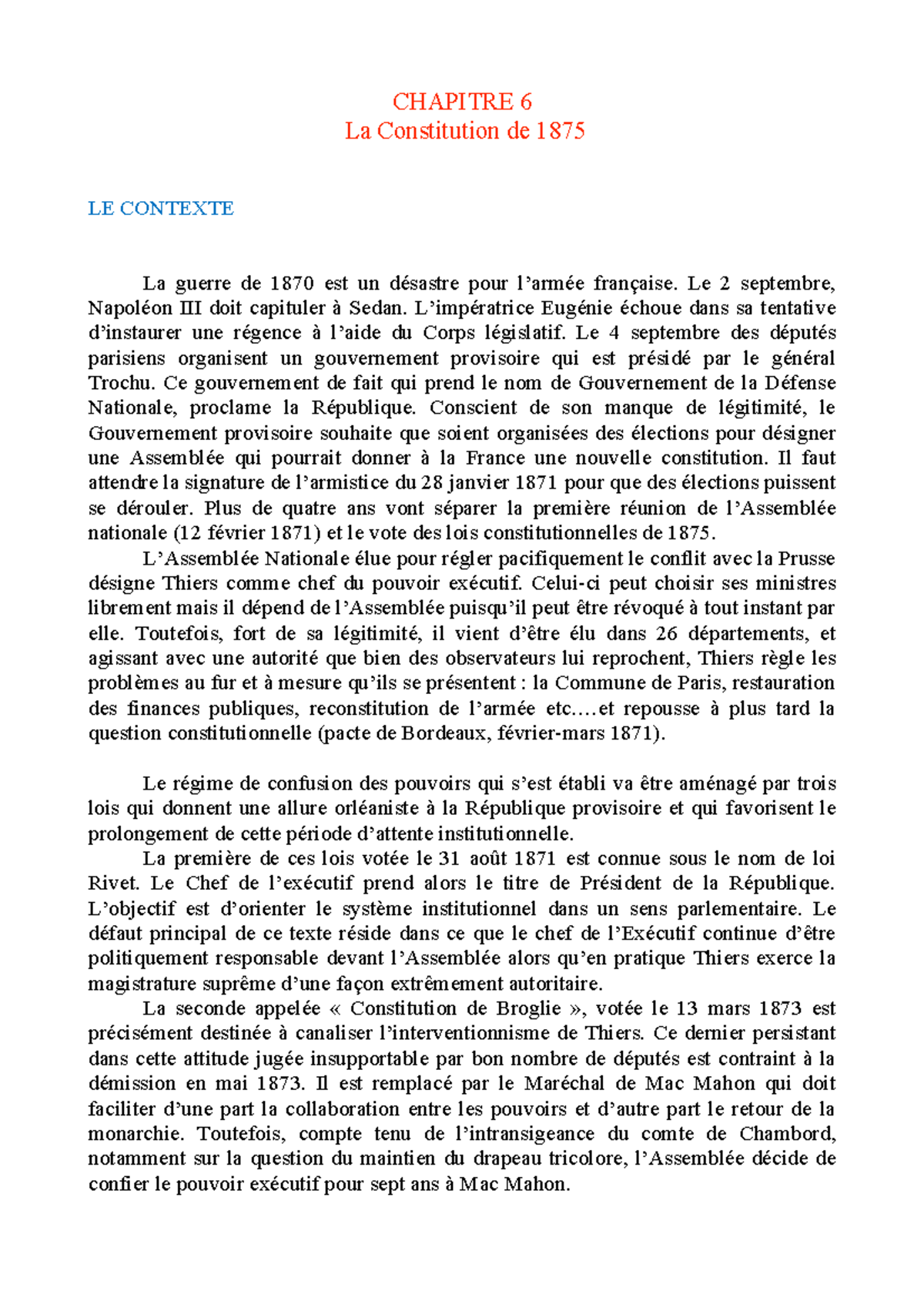 Chapitre 6 - cours - CHAPITRE 6 La Constitution de 1875 LE CONTEXTE La ...