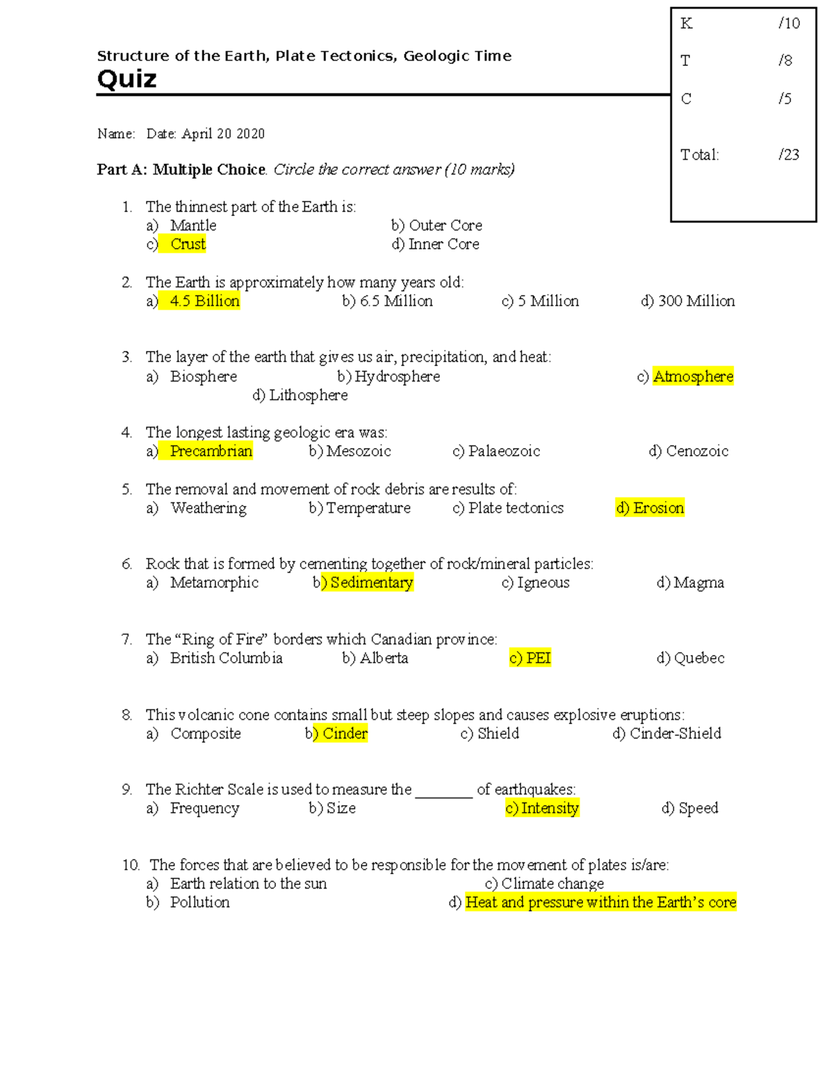 QUIZ 1. Earth structure,history,Plate tectonics TAKE HOME - Structure ...