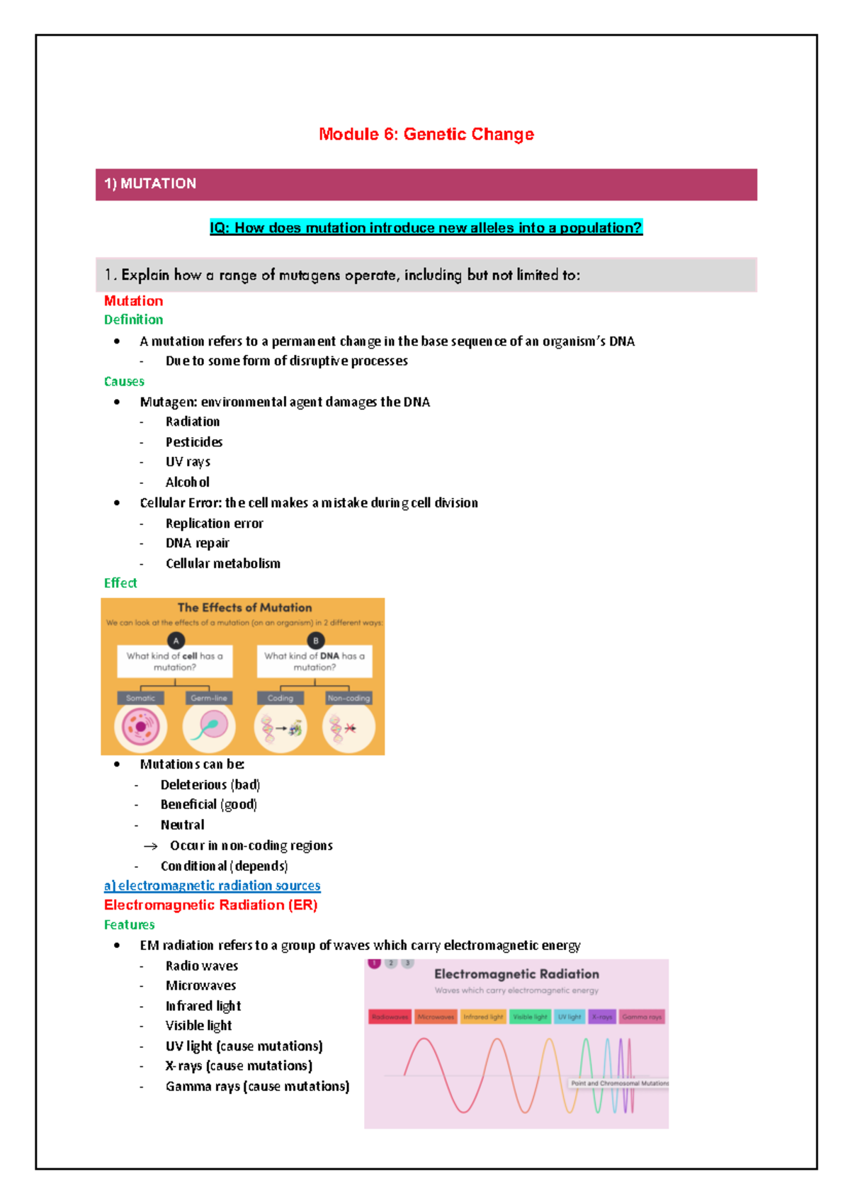 Module 6 Summary Notes - Module 6: Genetic Change 1) MUTATION IQ: How ...