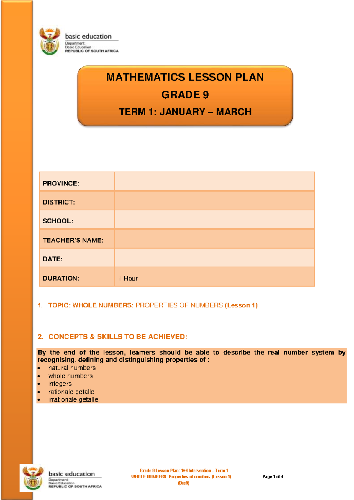 002974522 - Lesson - Grade 9 Lesson Plan: 1+4 Intervention – Term 1 ...