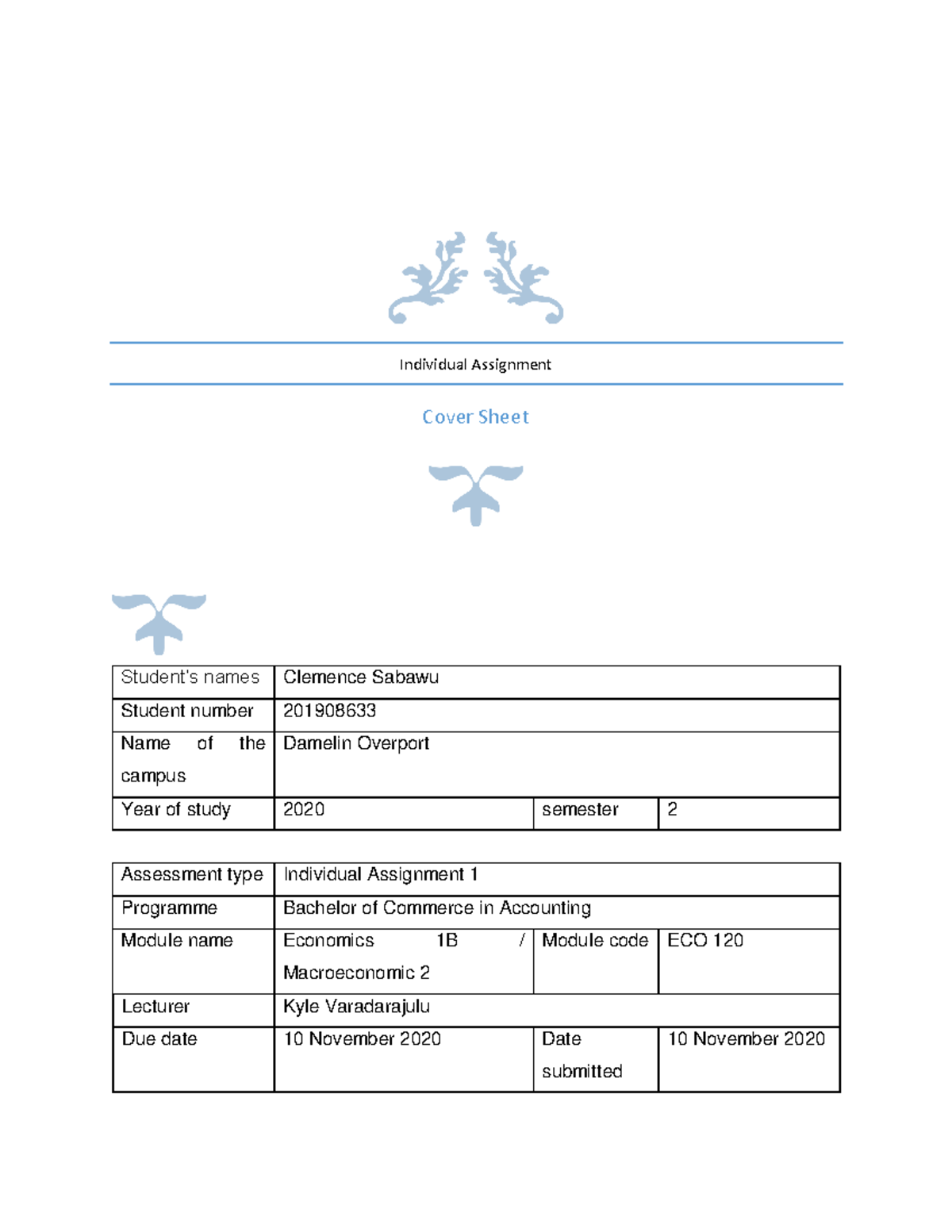Economics 1B Individual Assignment 01 - Individual Assignment Cover ...