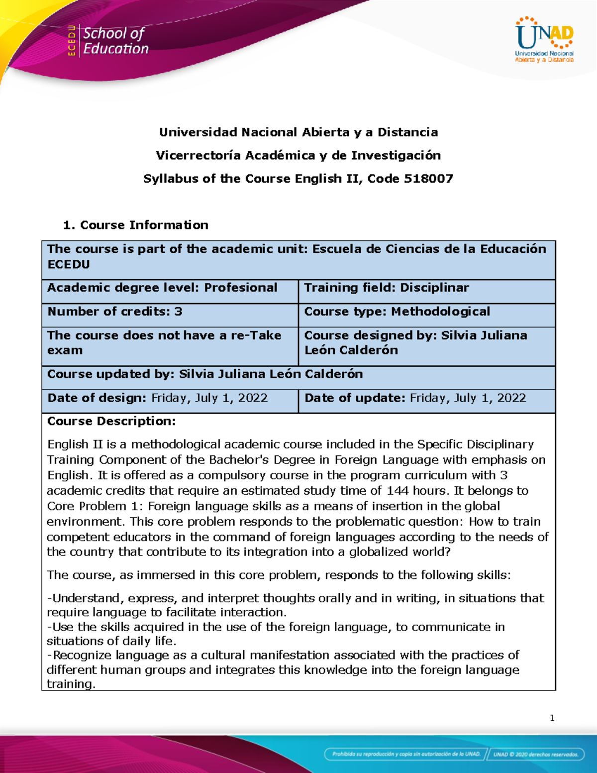 Course Syllabus English II - Universidad Nacional Abierta y a Distancia ...