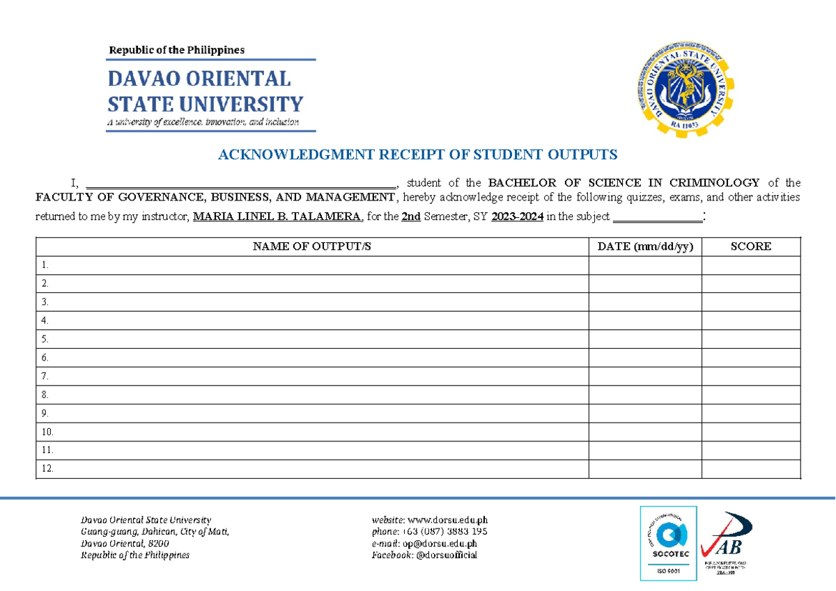 Acknowledgment- Receipt-OF- Student- Outputs-v2 - Davao Oriental State ...