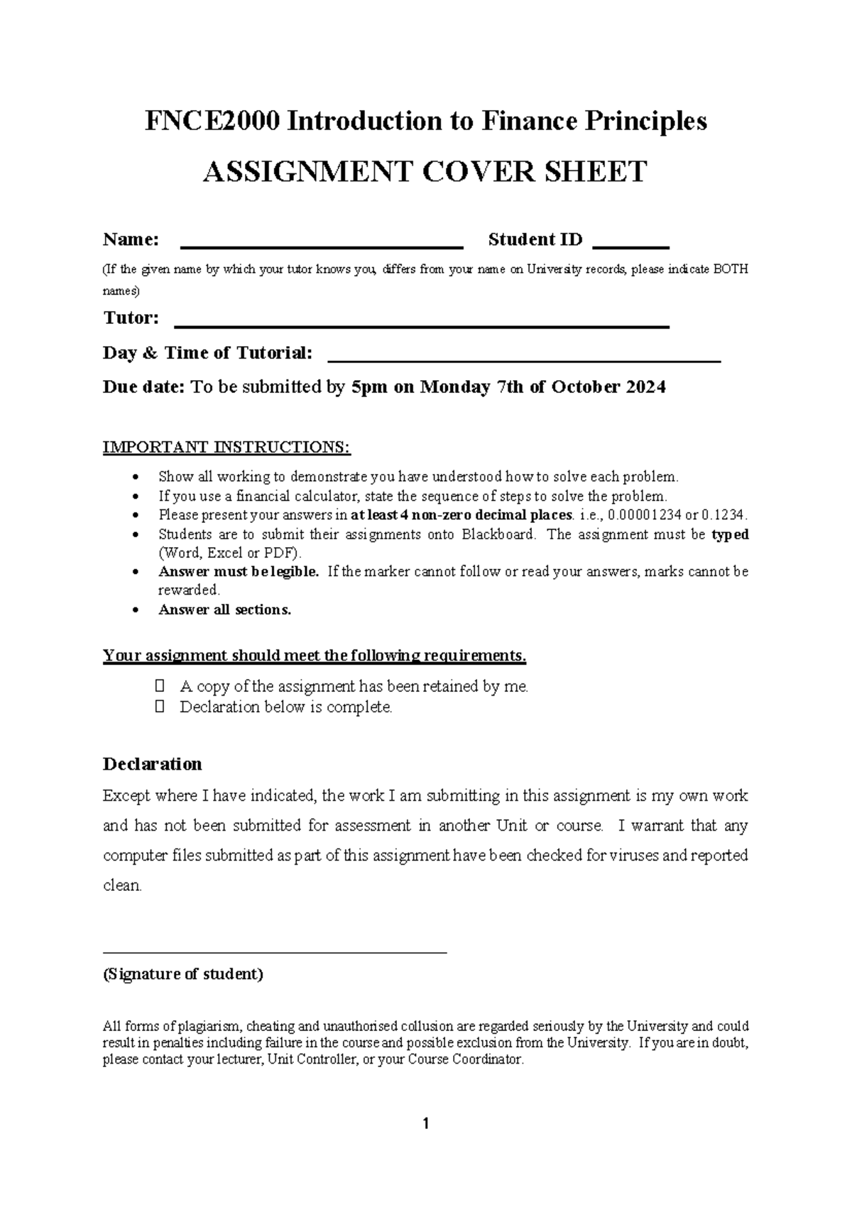 FNCE2000 Assignment Sem2 - FNCE2000 Introduction to Finance Principles ...