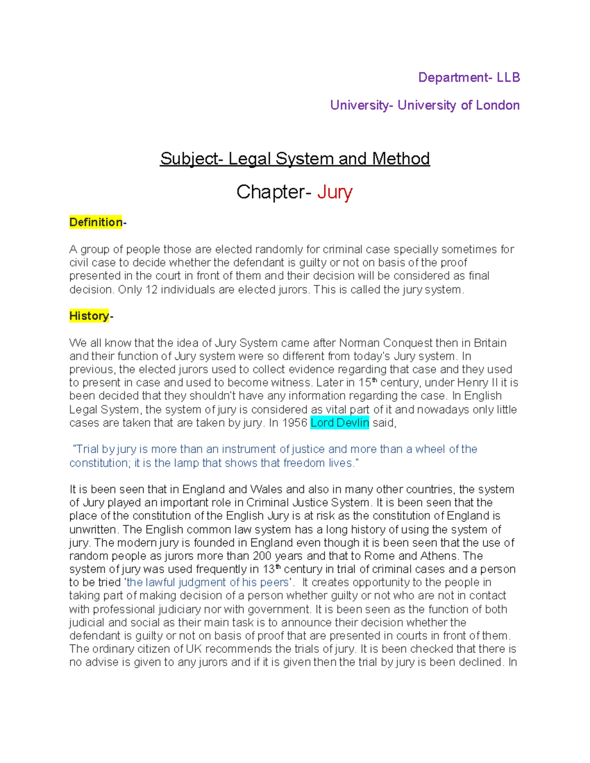 Jury. Legal System and Method - Department- LLB University- University ...