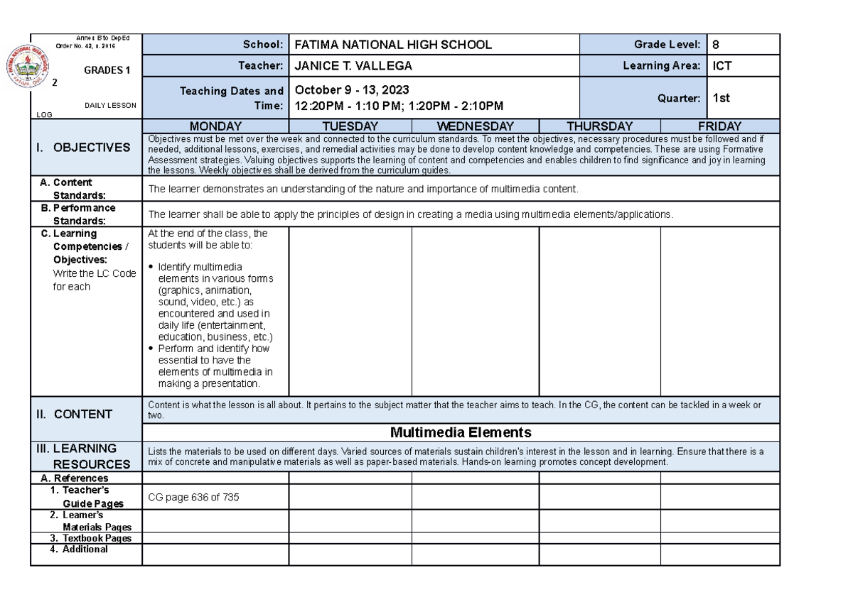 DLL- Template-7thweek STE8 - Annex B to DepEd Order No. 42, s. 2016 ...