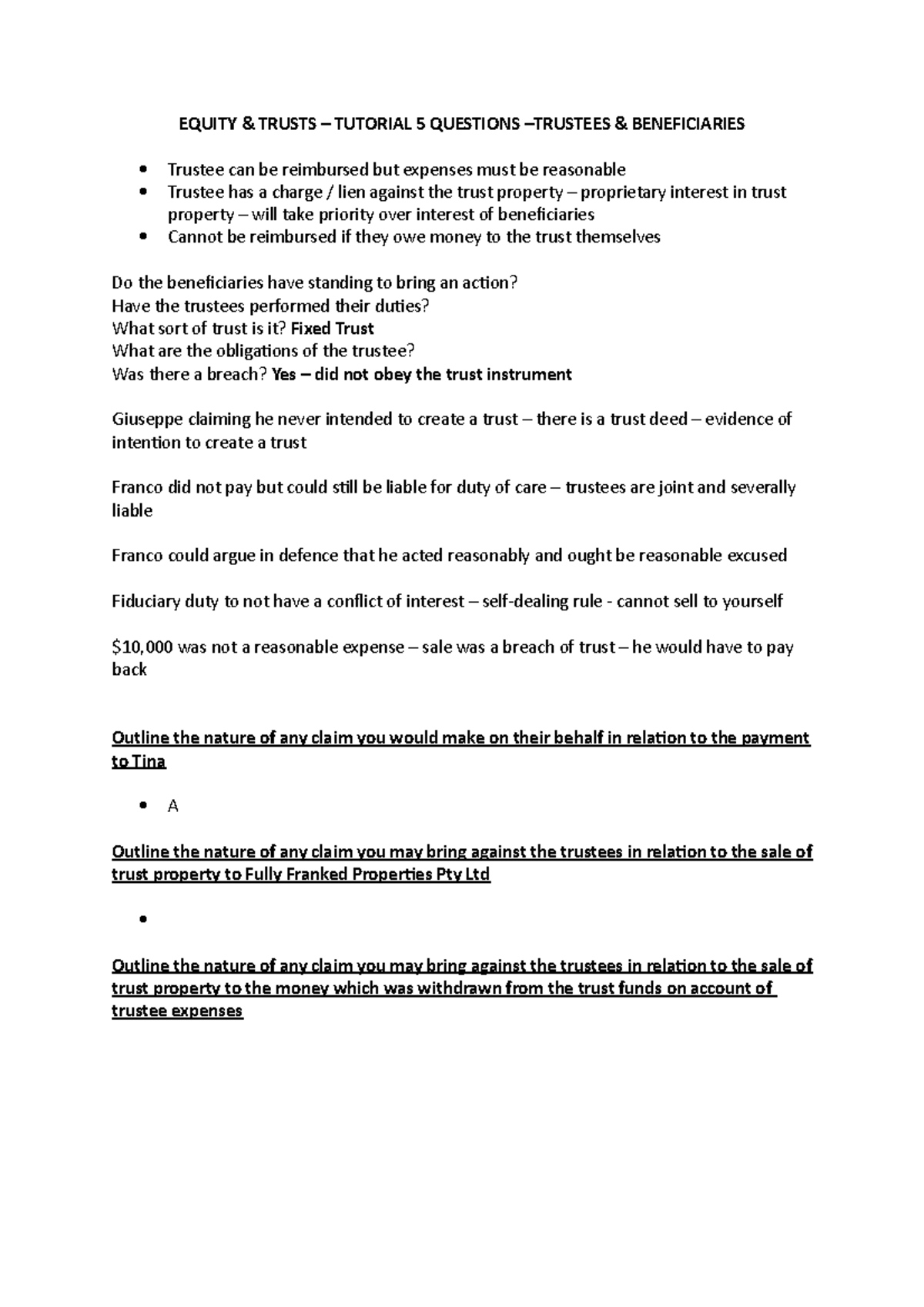 Equity Tutorial 5 - ... - EQUITY & TRUSTS – TUTORIAL 5 QUESTIONS –TRUSTEES & BENEFICIARIES - Studocu