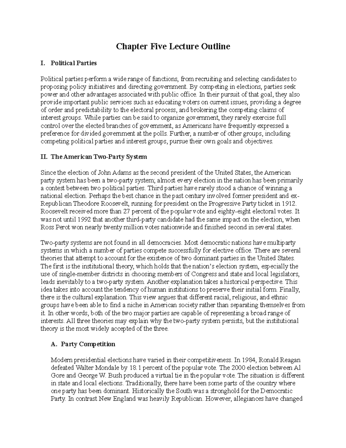 Chapter Five Lecture - Political Parties Political parties perform a ...