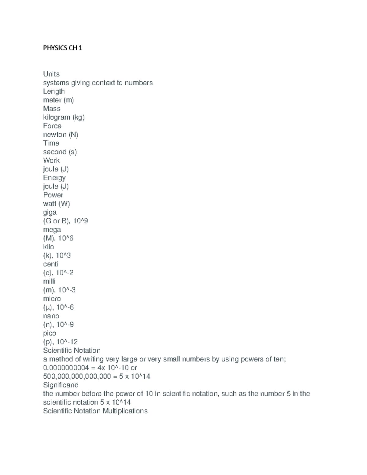 Physics CH 1 - Lecture notes 1 - PHYSICS CH 1 Units systems giving ...