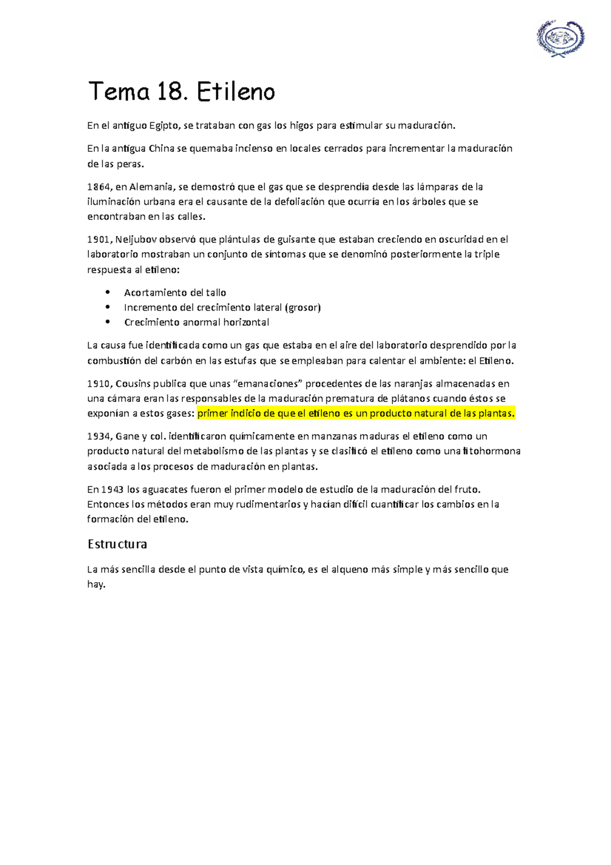 Tema 18 - Profesora: Aida - Tema 18. Etileno En el antiguo Egipto, se ...