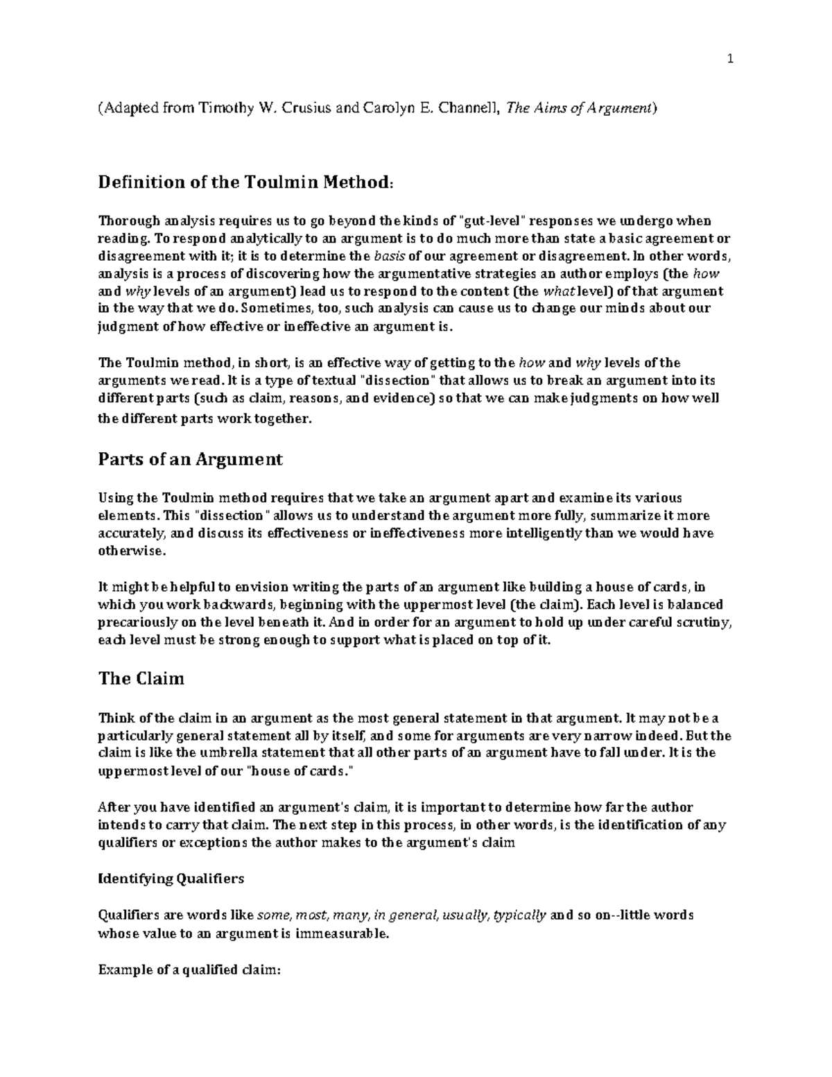 Definition of the toulmin method - (Adapted from Timothy W. Crusius and ...