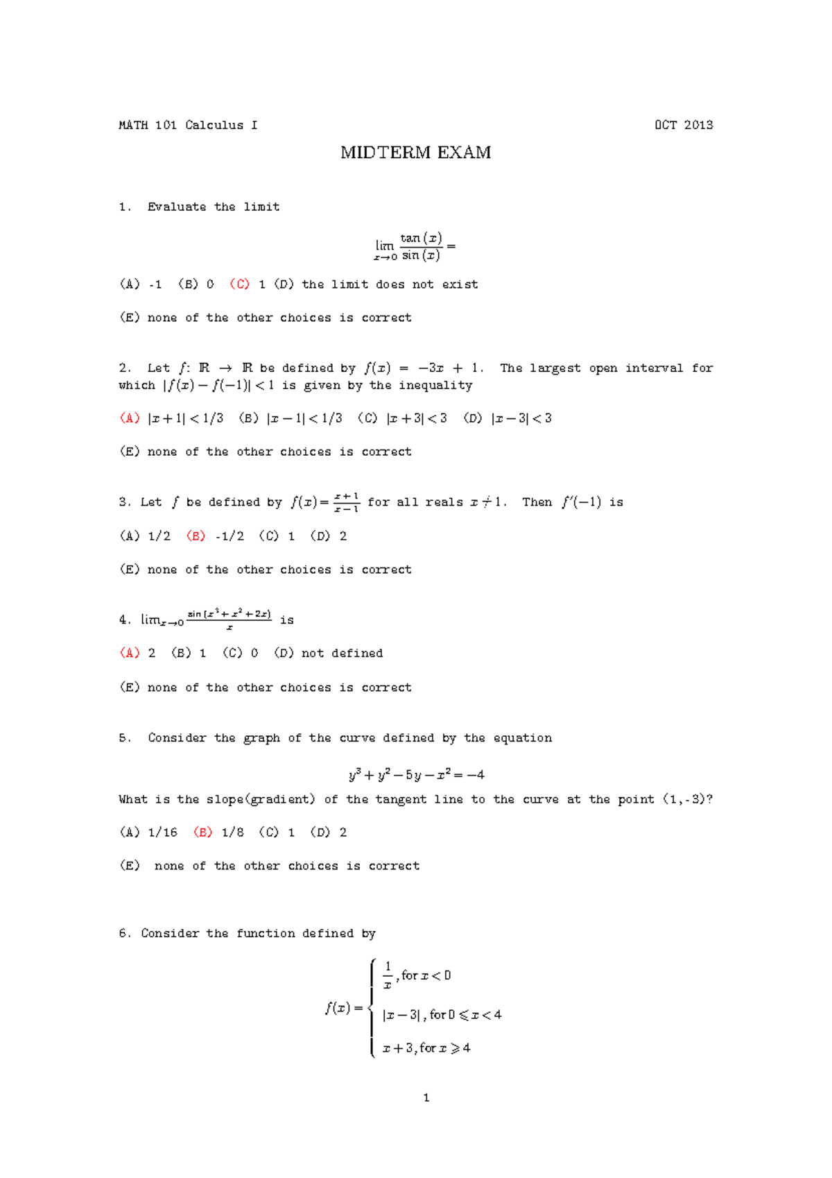 Exam October 2013, questions and answers - MATH 101 Calculus I OCT 2013 ...