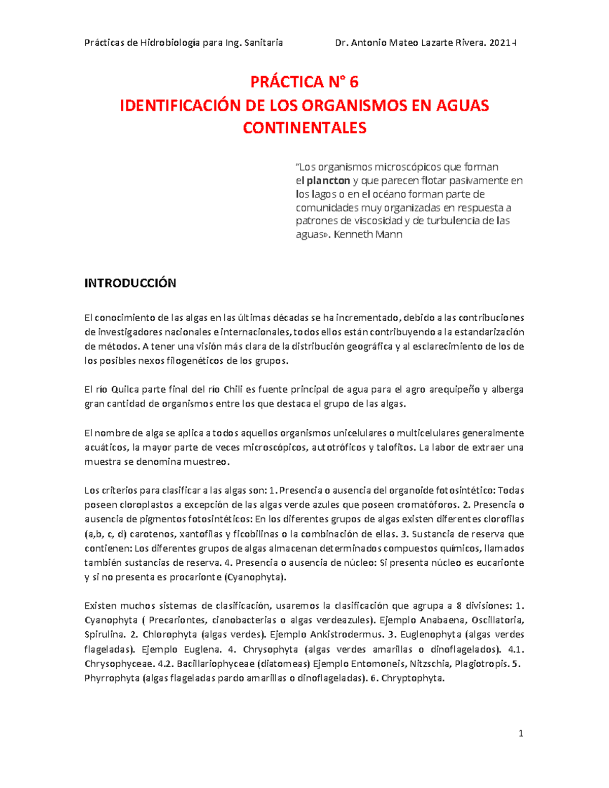 Práctica 6 - Informe de Hidrobiologia - PR¡CTICA N∞ 6 IDENTIFICACI”N DE LOS ORGANISMOS EN AGUAS ...