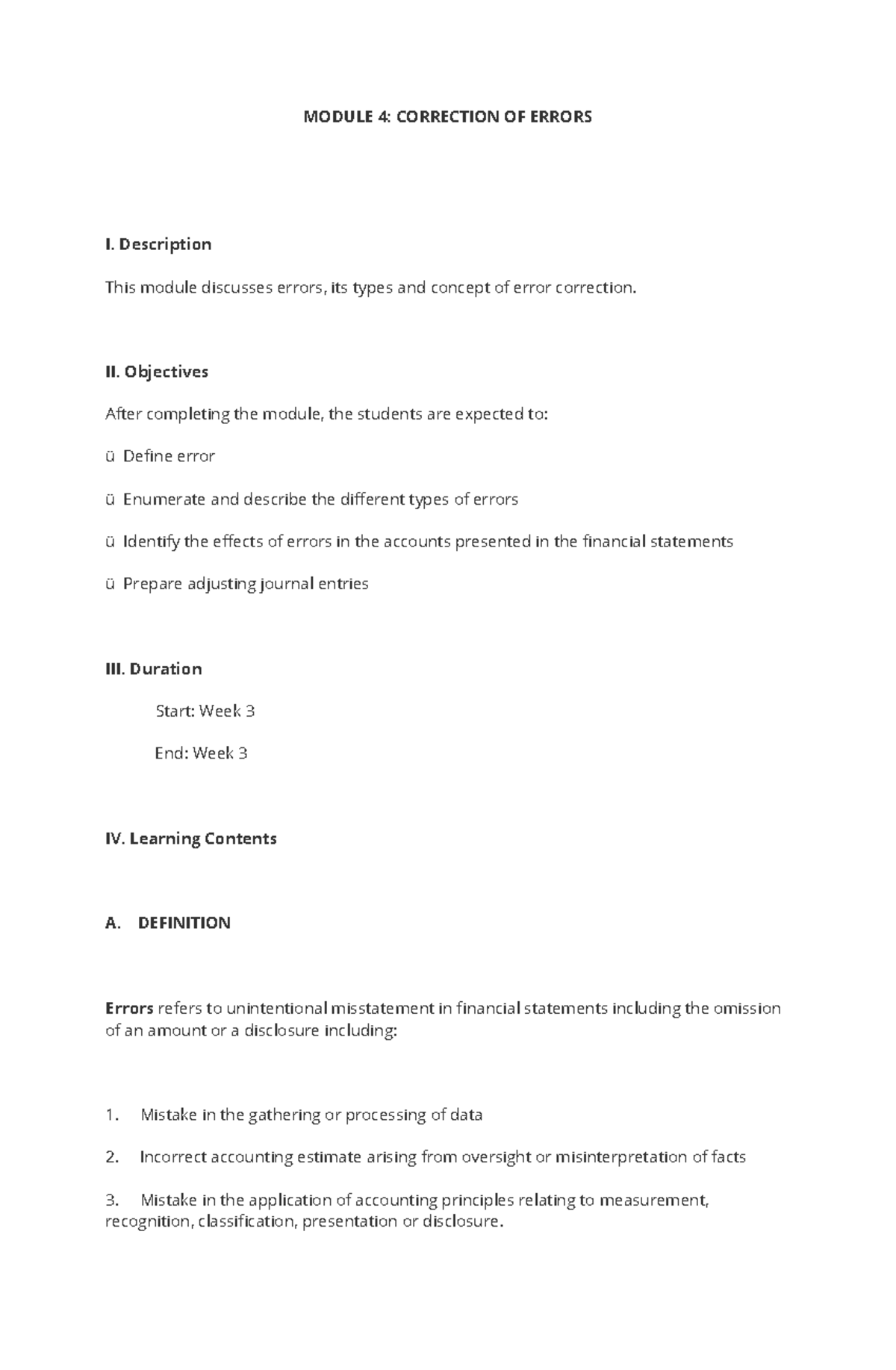 Module 4 - Correction of Errors - MODULE 4: CORRECTION OF ERRORS I ...
