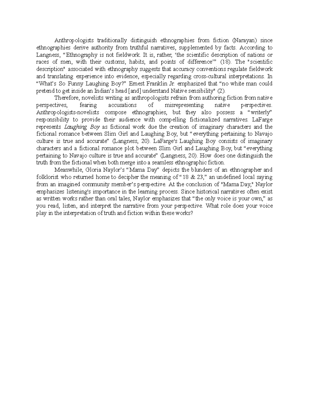 Memo - Short Writing Assignment - Anthropologists traditionally ...