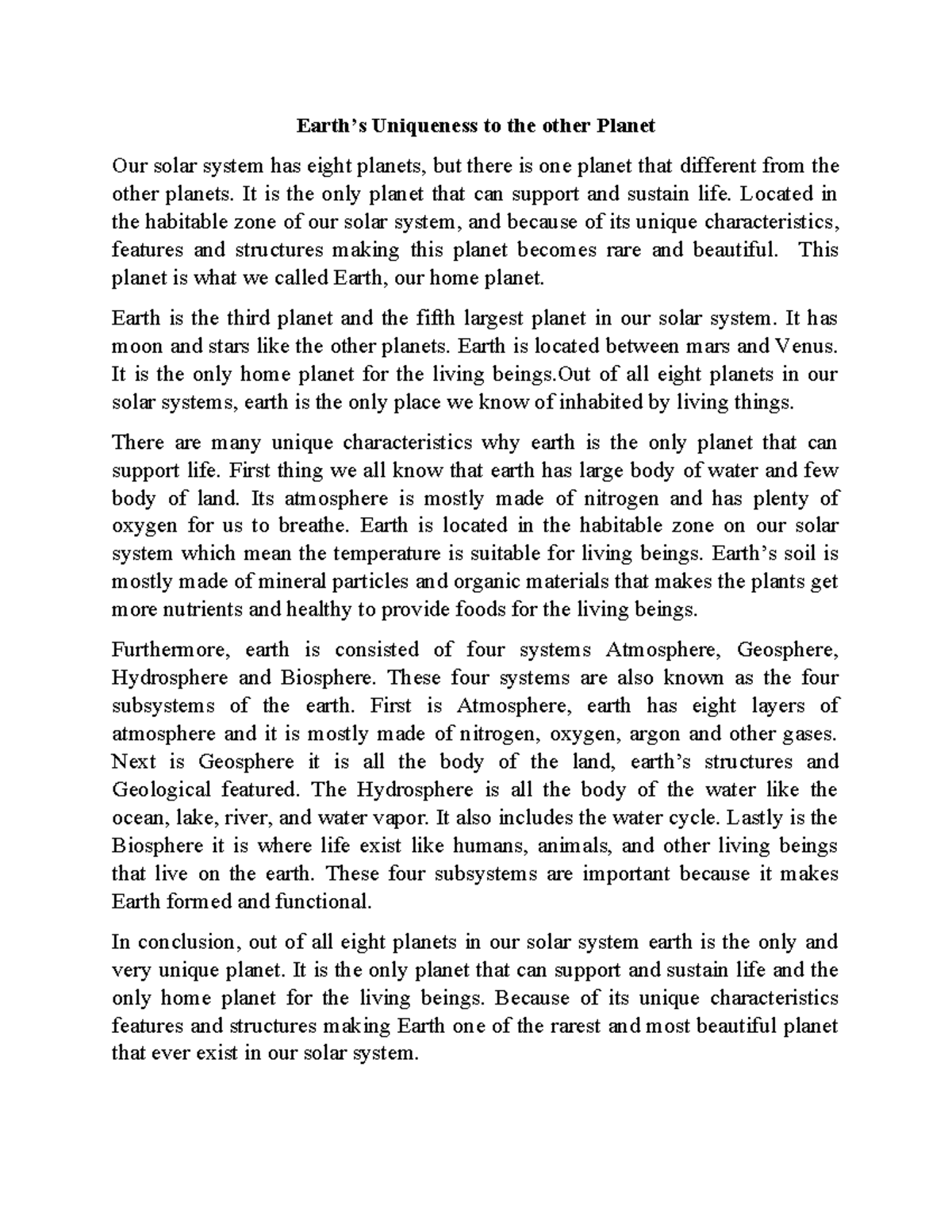 Essay - Earth’s Uniqueness to the other Planet Our solar system has ...