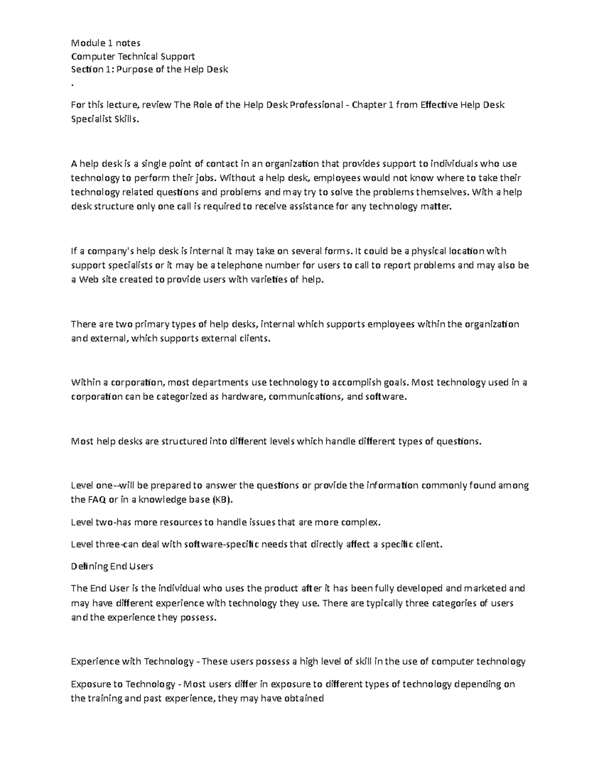 Technical Support Module 1 Section 2 Notes - Module 1 Notes Computer 