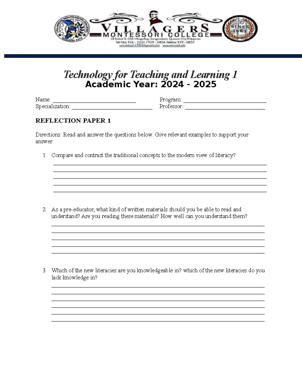 Technology for Teaching and Learning 1 Reflection Paper 1 Copy - 2 ...
