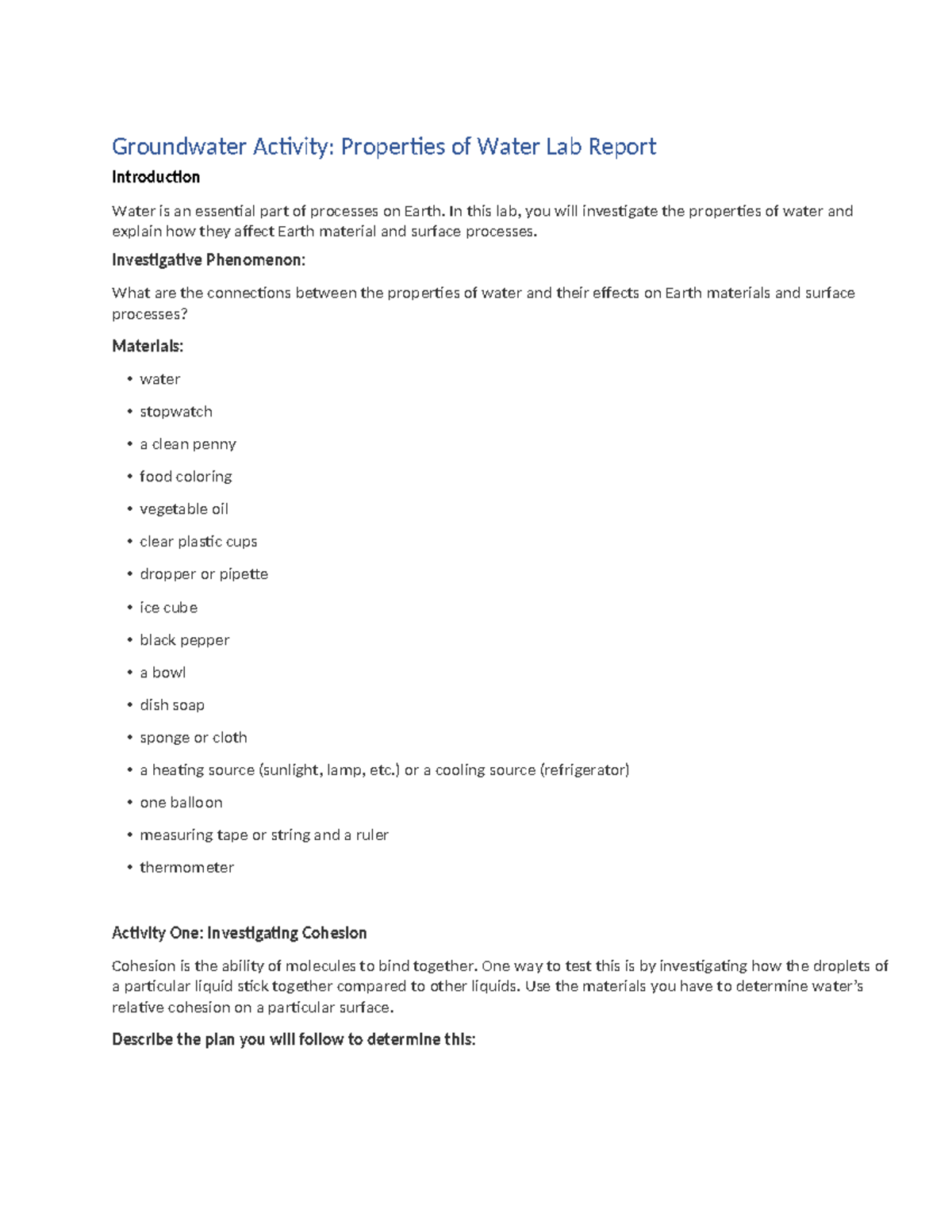 Groundwater lab report - Groundwater Activity: Properties of Water Lab ...