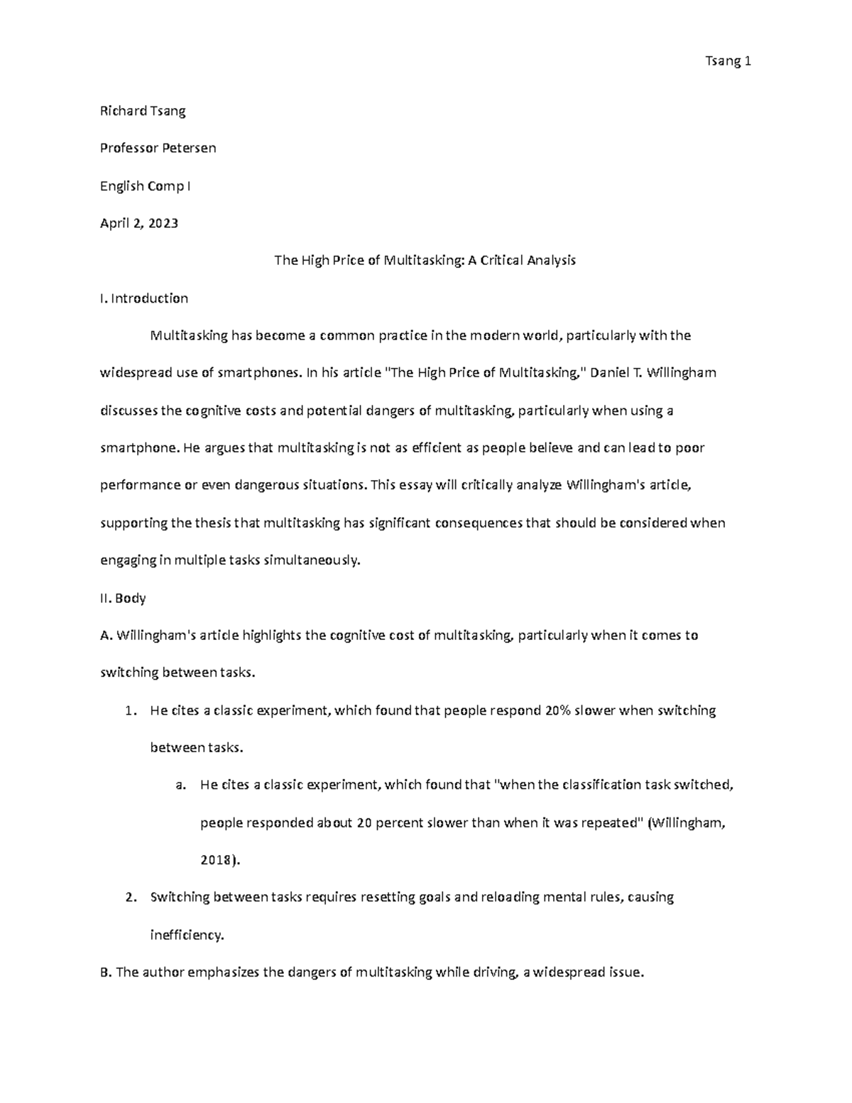 Multitasking Rough Draft - Tsang 1 Richard Tsang Professor Petersen ...