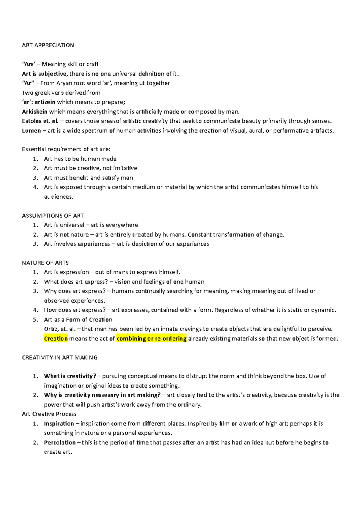 ART Appreciation - Midterm notes - ART APPRECIATION “Ars’ – Meaning ...