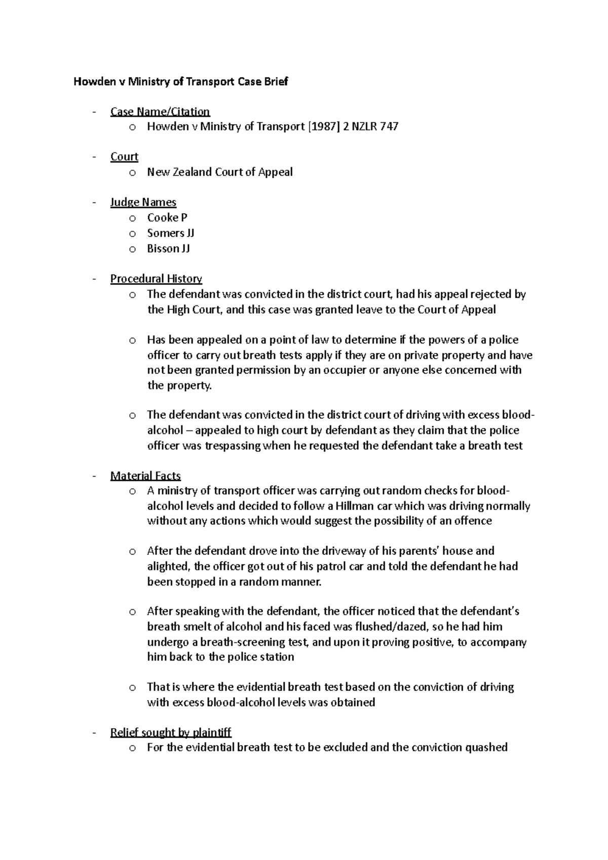 New Howden case Brief use THIS ONE - Howden v Ministry of Transport ...