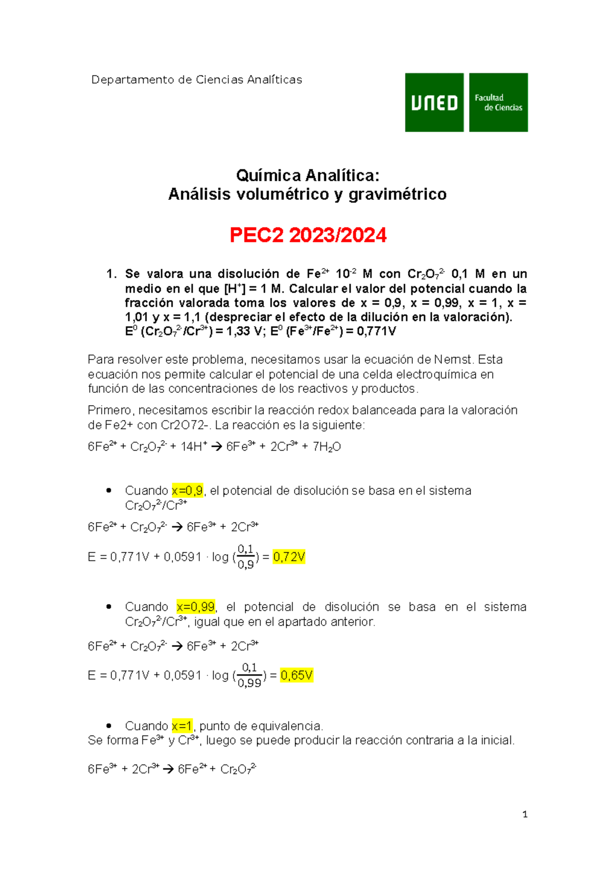 PEC2 2023 2024 - PEC 2 - Departamento de Ciencias Analíticas Química Analítica: Análisis ...