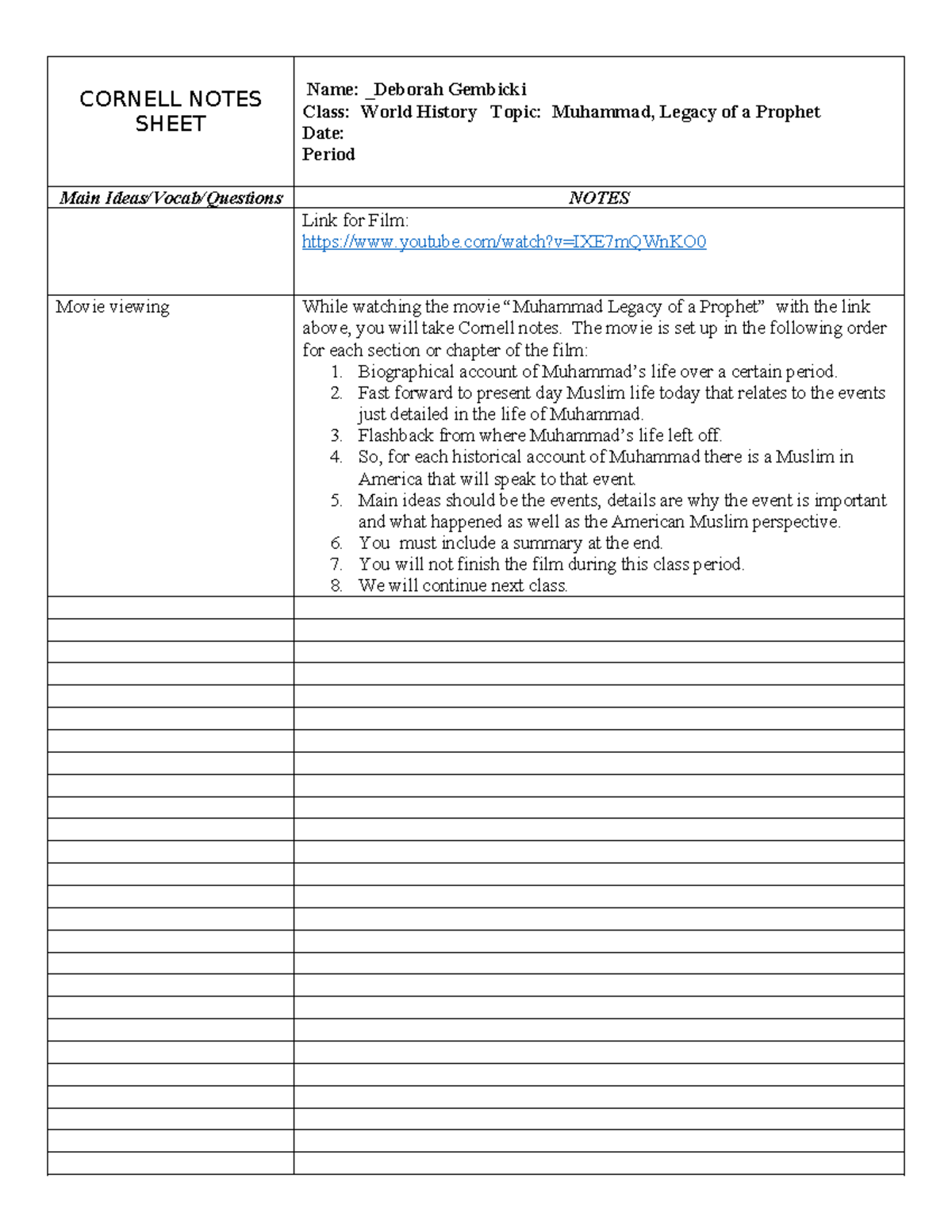 Muhammad Cornell Notes Instructions - CORNELL NOTES SHEET Name ...